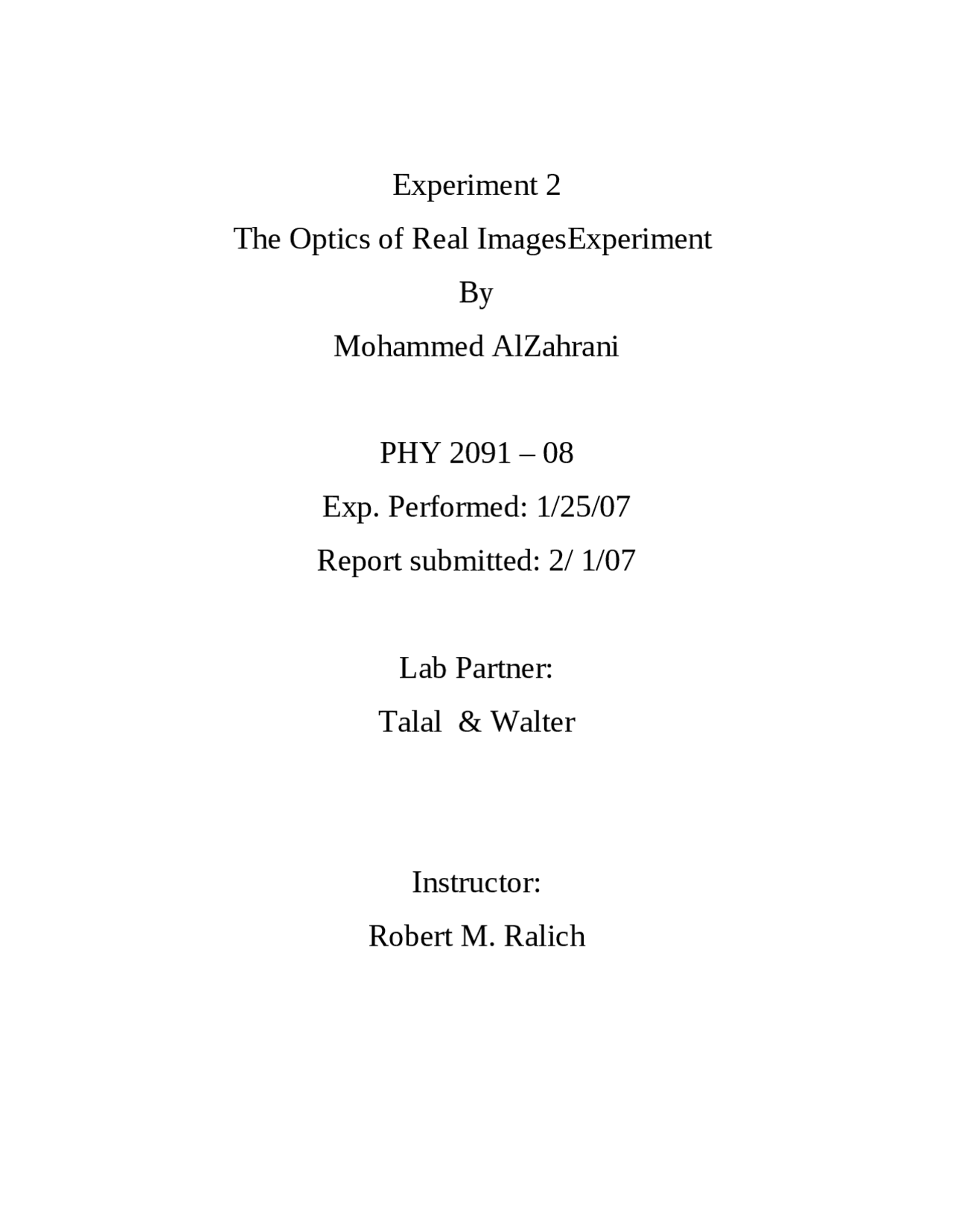 Experiment 2 The Optics Of Real Images Phy 2091 Docsity