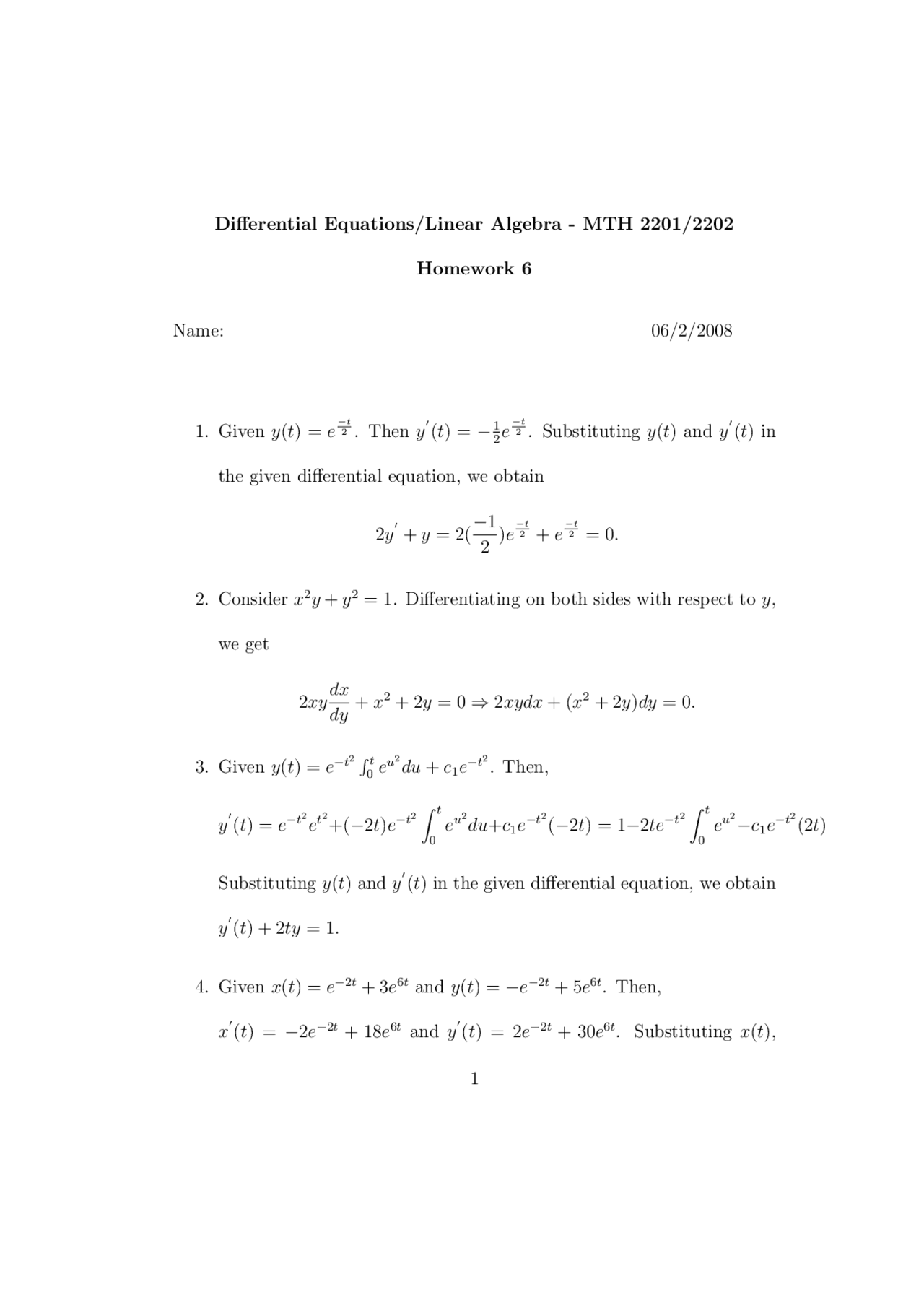 Homework Six Solutions - Differential Equation Linear Algebra | MTH 2201 | Assignments ...