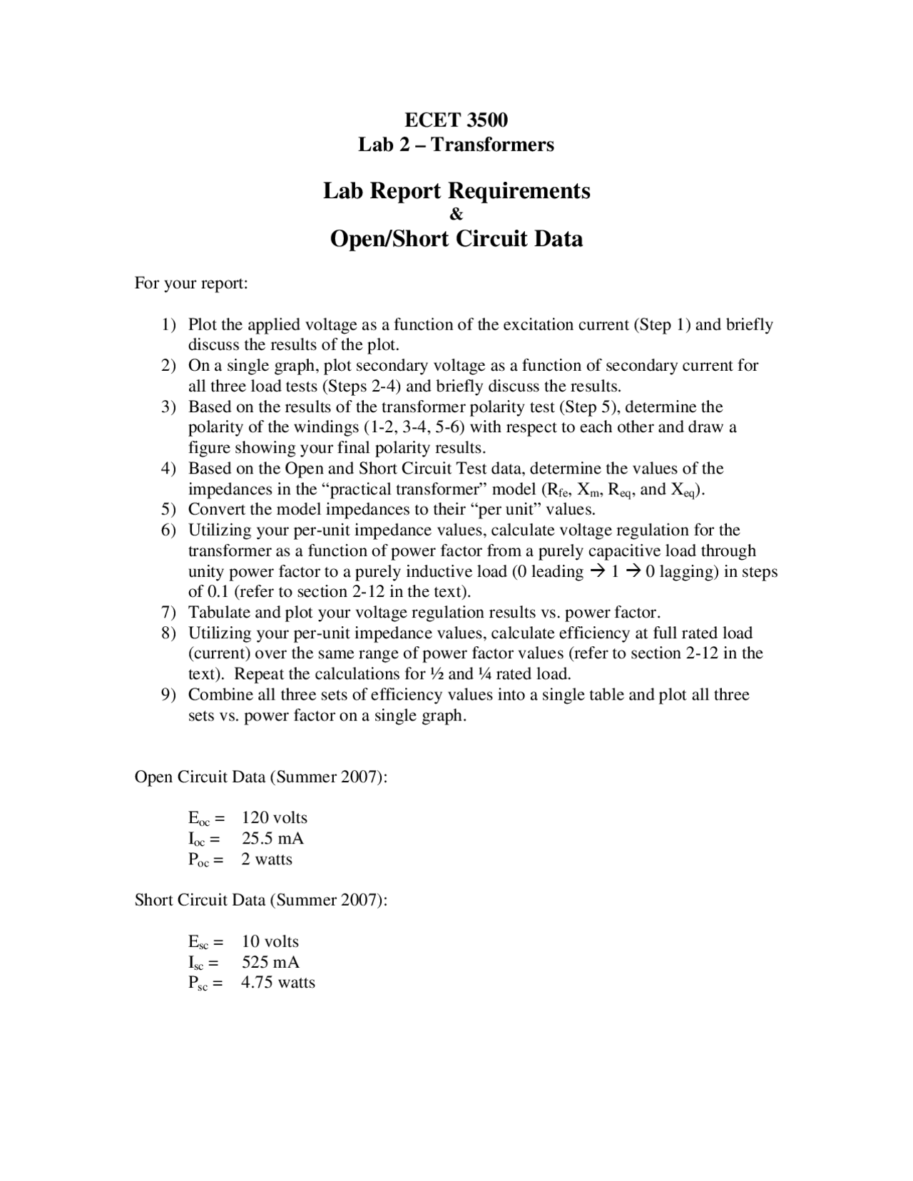 Lab 2 Transformers Open Circuit Data Survey Of Electric Machines