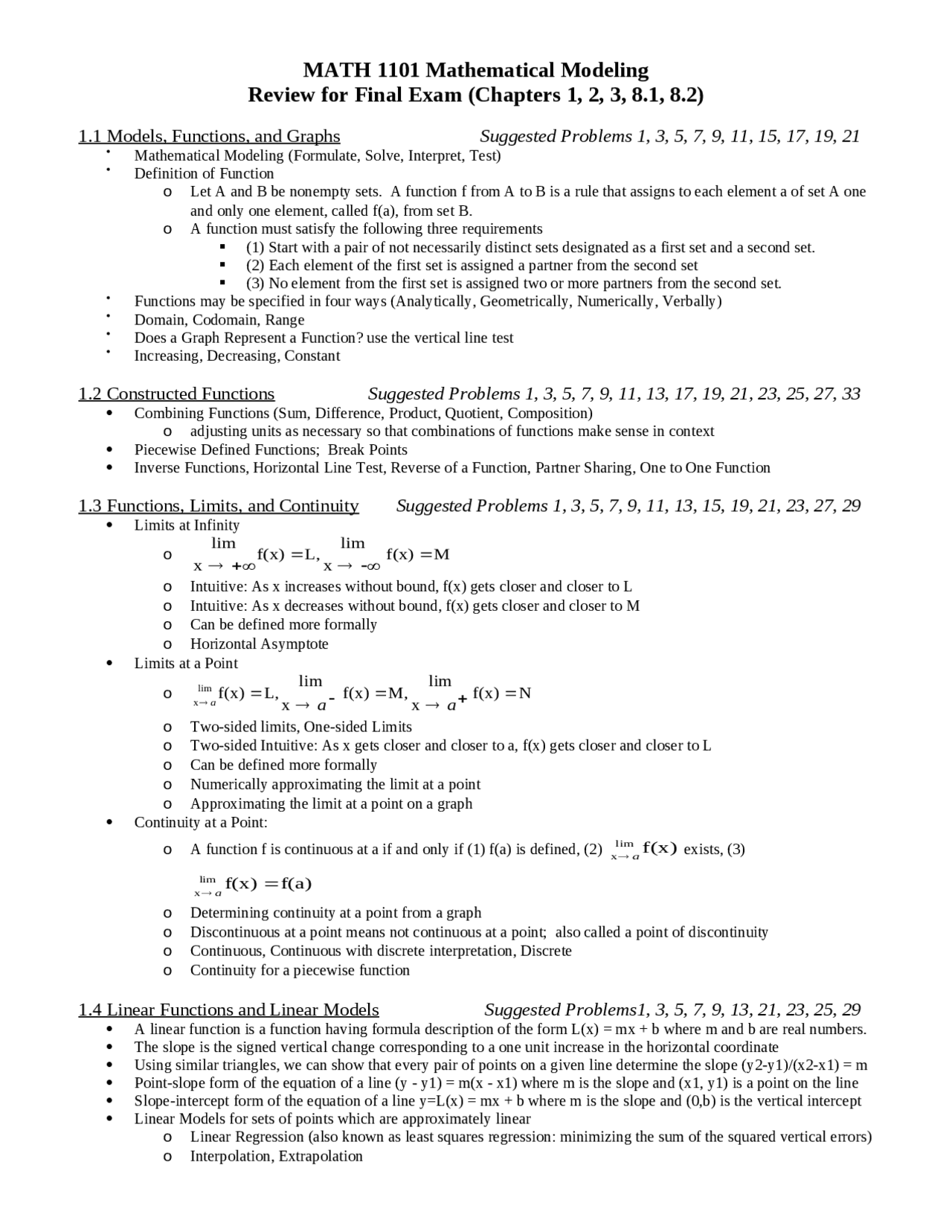 Review For Final Exam Introduction To Mathematical Modeling Math 1101