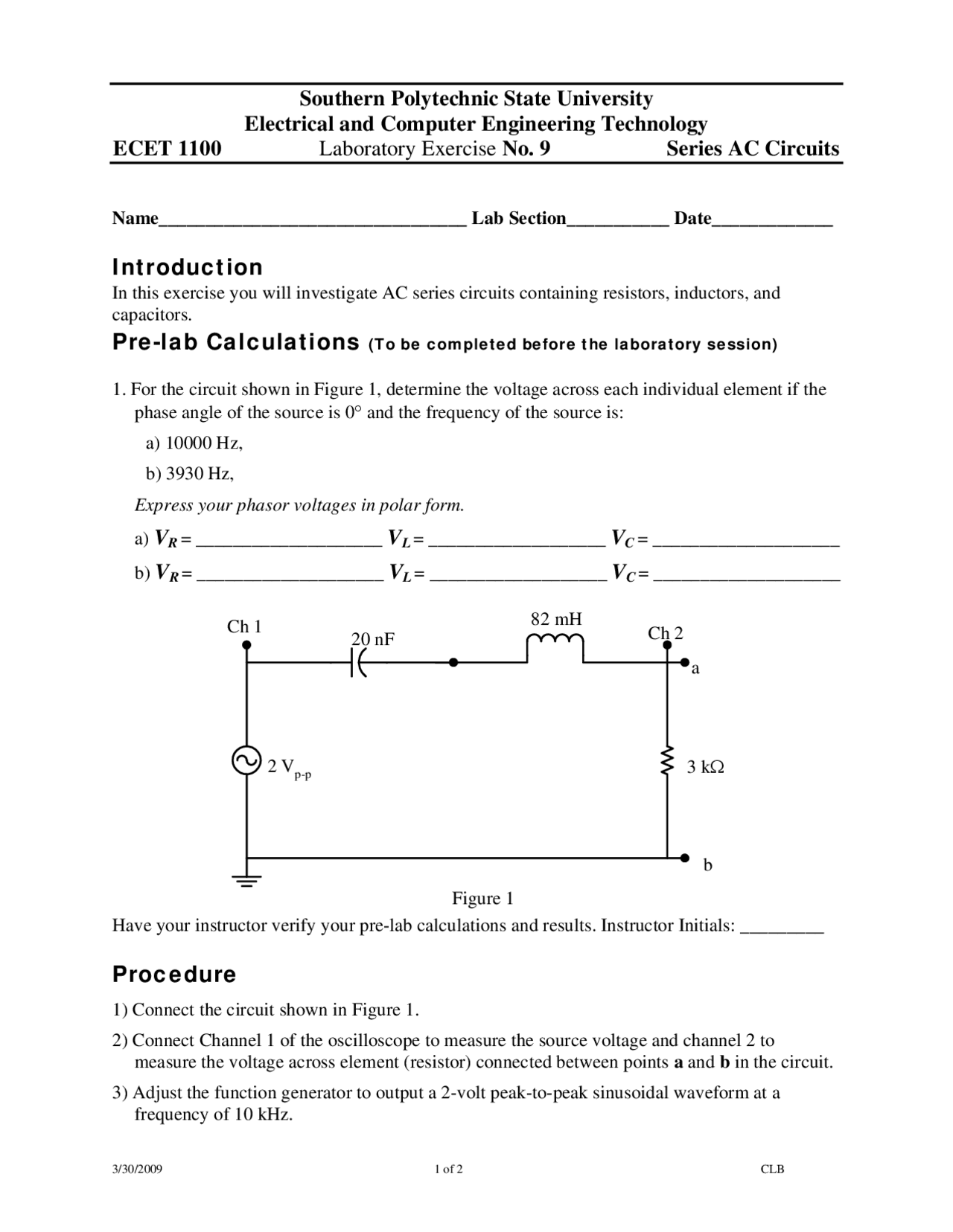 Laboratory Exercise 9 Series Ac Circuits Ecet 1100 Lab Reports