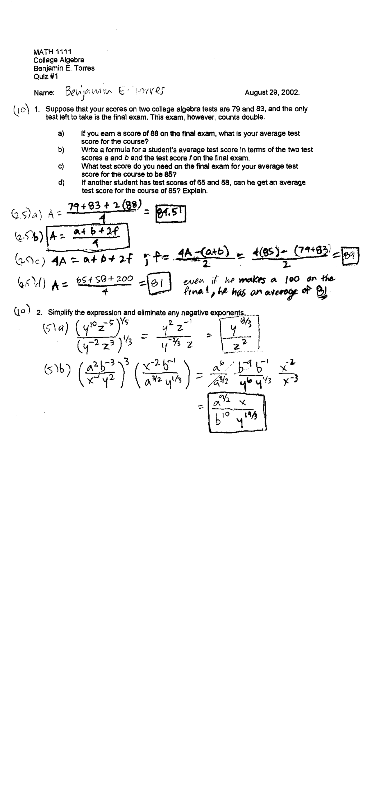 Quiz #1 with Solution - College Algebra | MATH 1111 - Docsity
