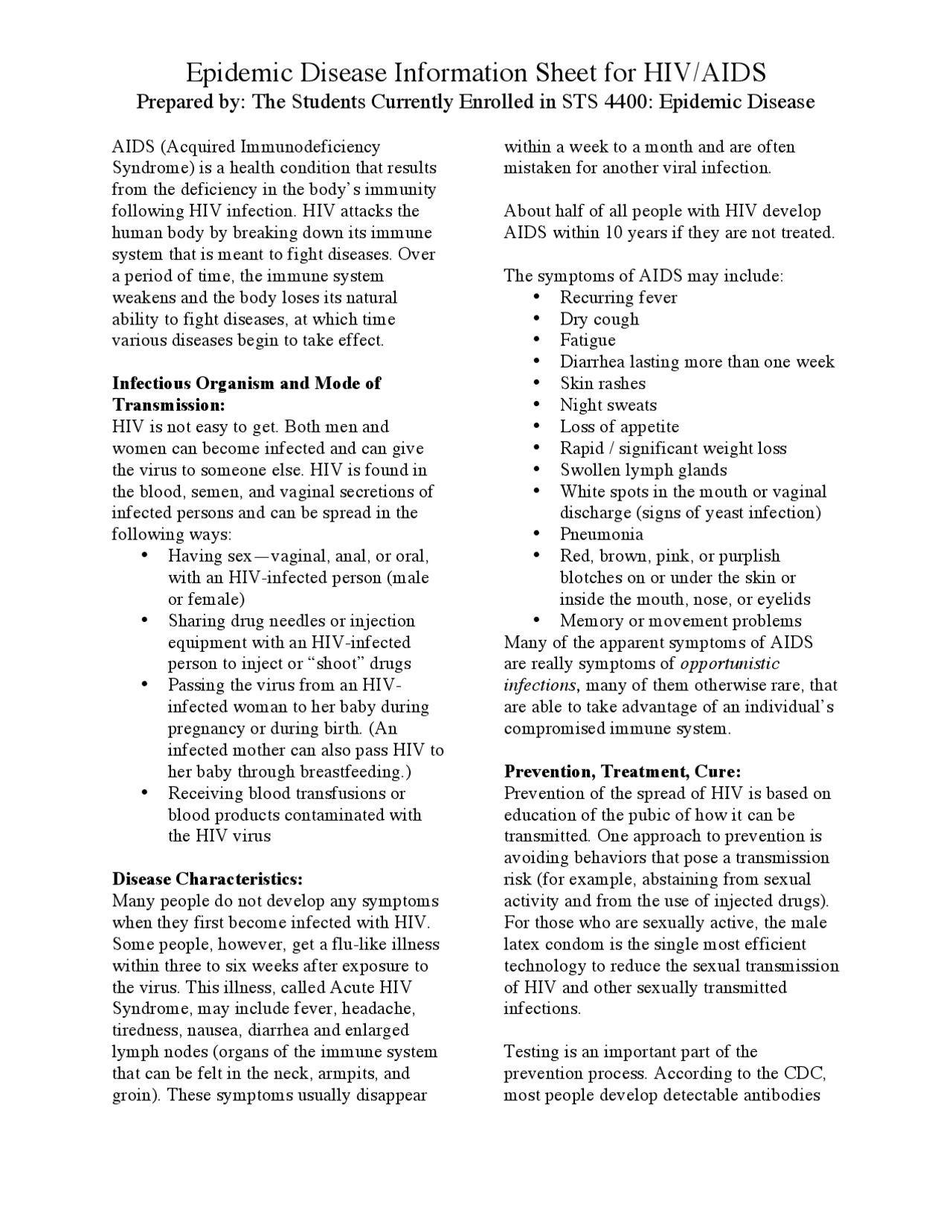 HIV/AIDS Information Sheet: Transmission, Prevention, and Symptoms ...