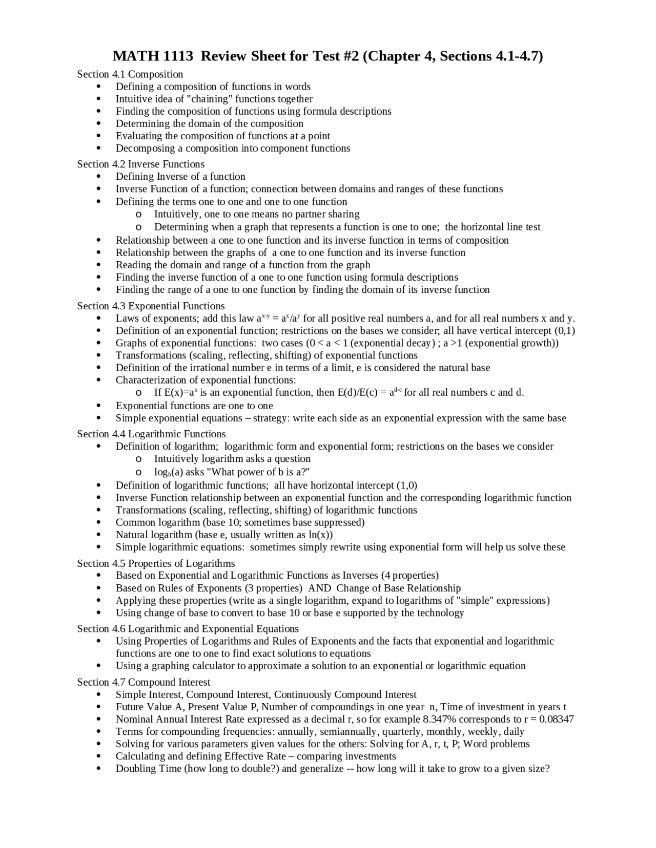 Review Sheet For Exam 2 Precalculus Math 1113 Docsity