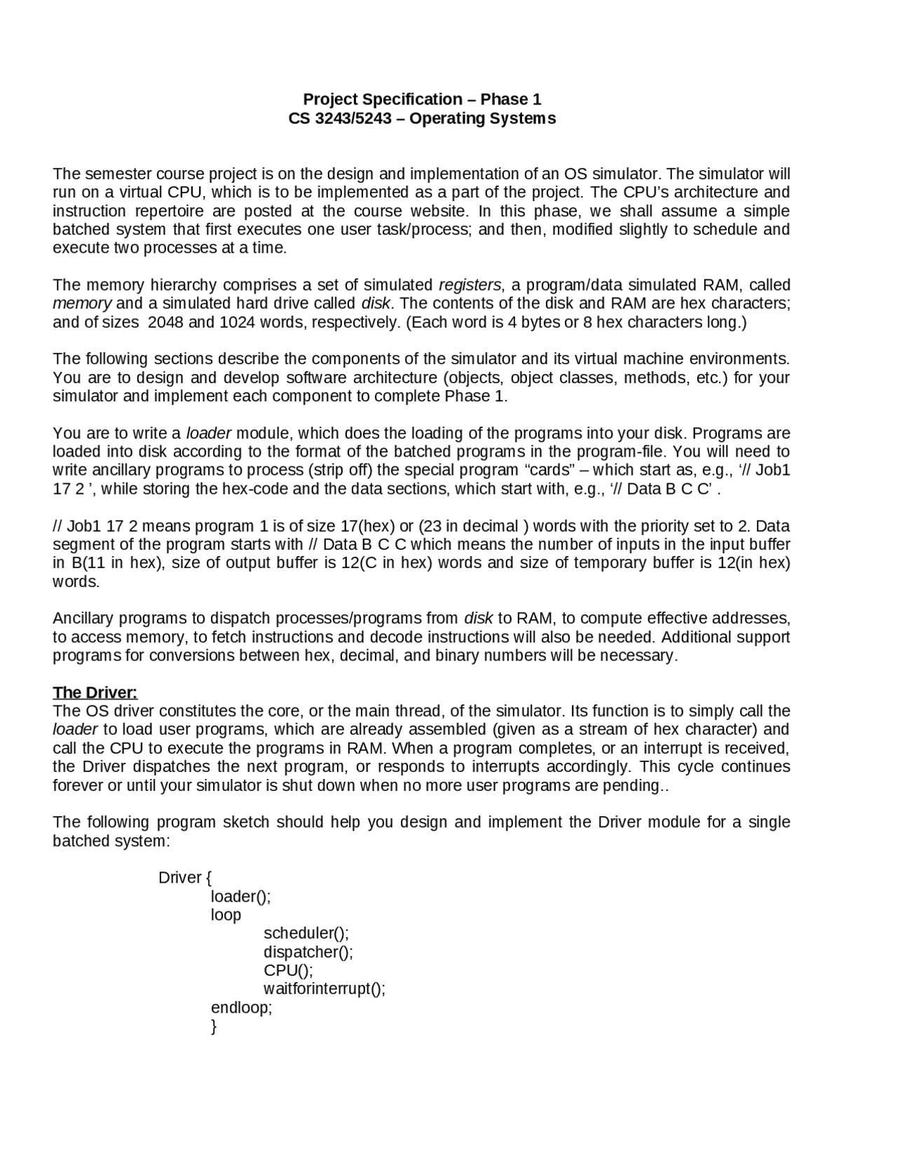 Project Specification Phase 1 Operating Systems Cs 3243 Docsity