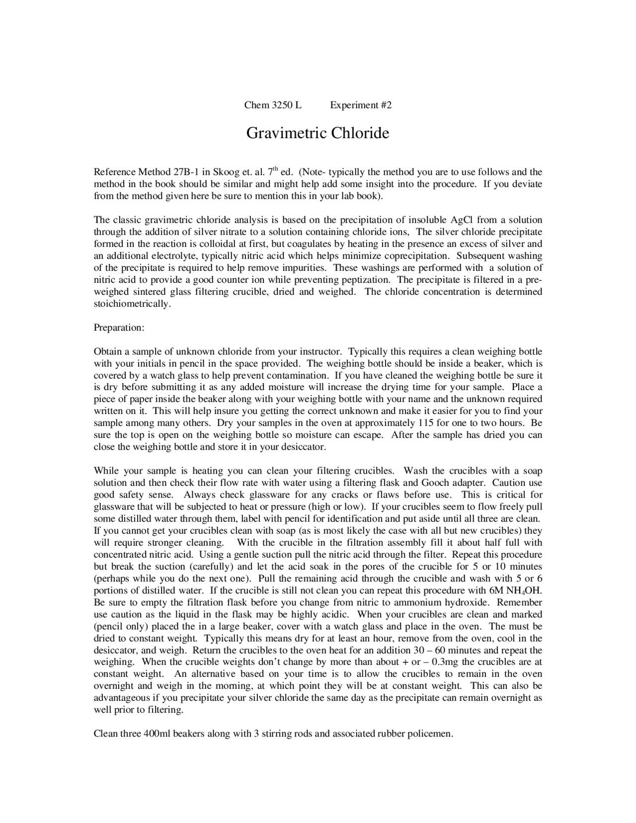 Gravimetric Chloride Experiment 2 Chem 3250 Docsity