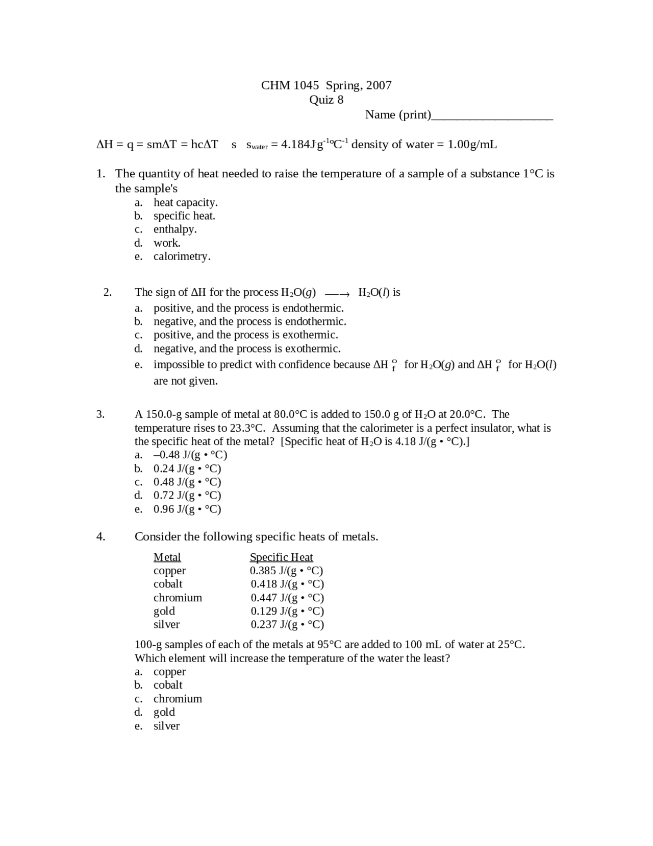 Quiz 8 - Thermodynamics of Chemical Reactions | Quizzes Chemistry | Docsity