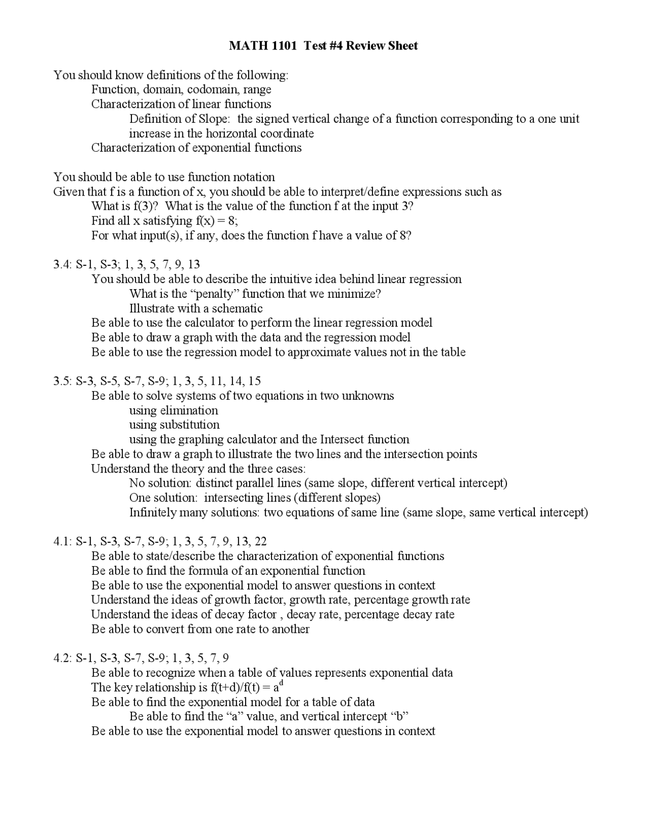 Test 4 Review Sheet Introduction To Mathematical Modeling Math 1101
