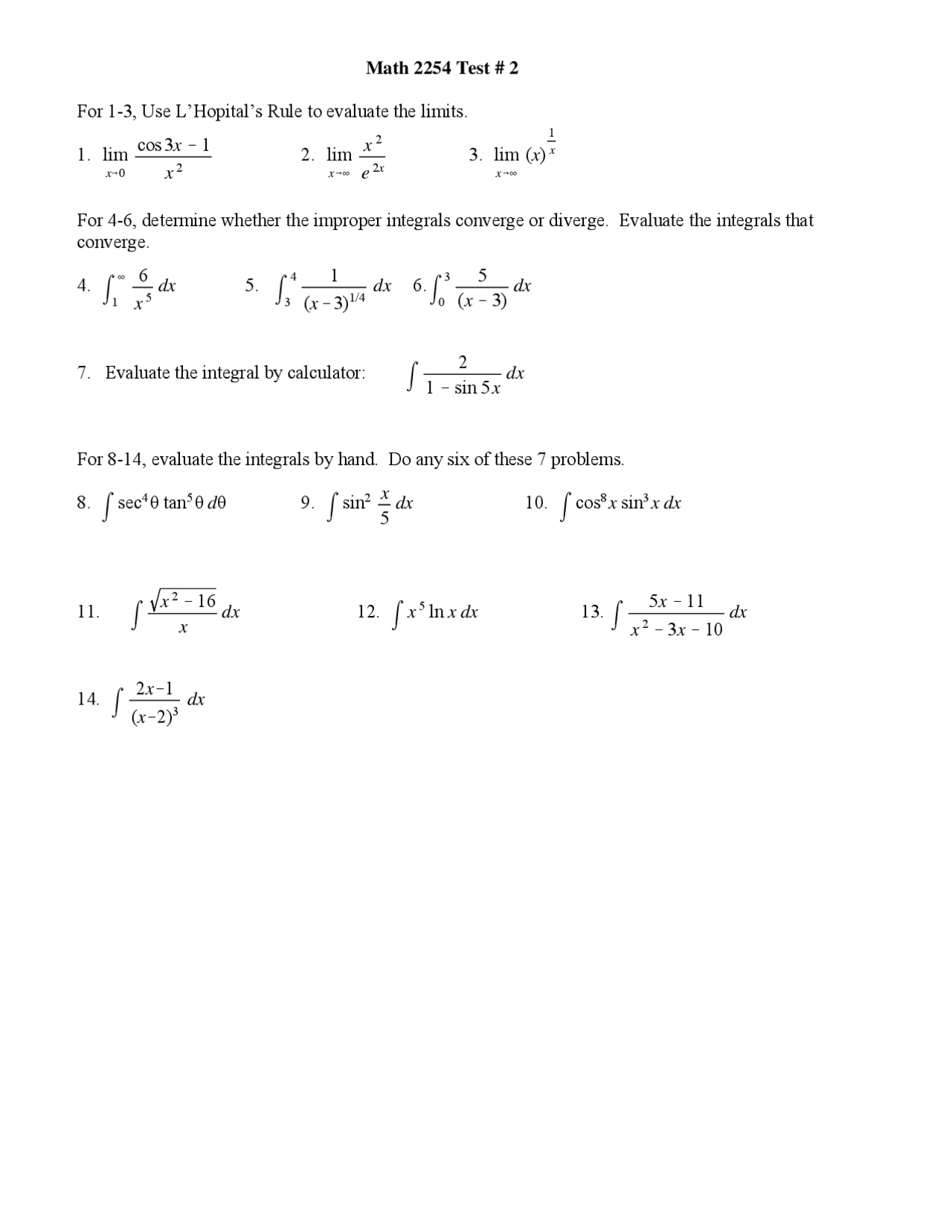 14 Questions In Exam 2 Calculus Ii Math 2254 Exams Calculus Docsity