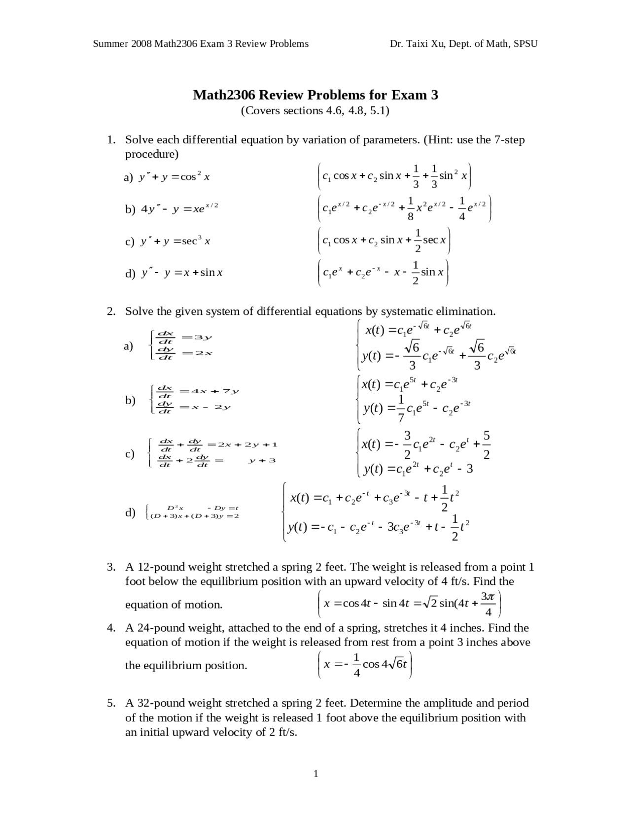 Review Problems For Exam 3 Ordinary Differential Equation Math 2306