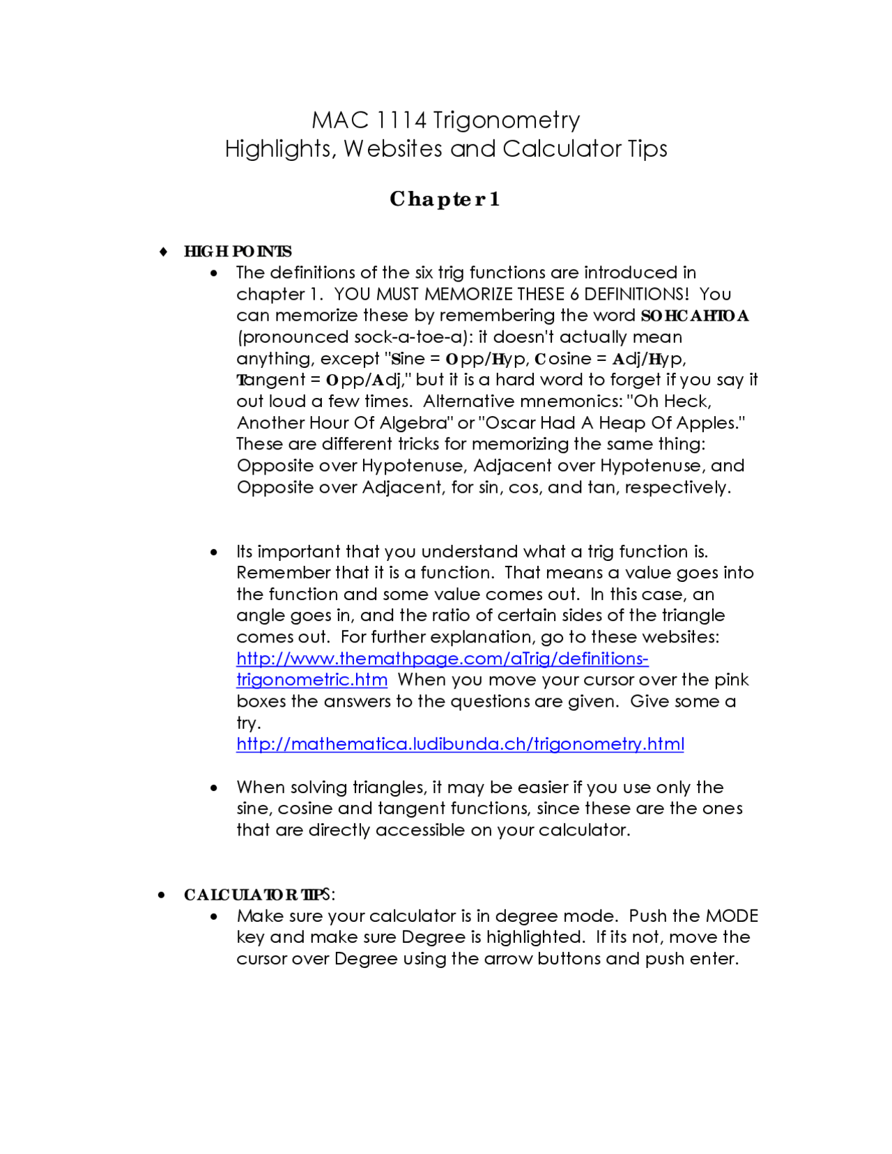 Introduction To College Trigonometry Exam Mac 1114 Docsity