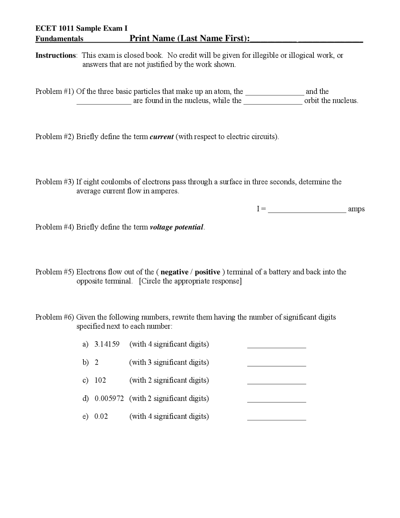 10 Sample Problems Exam 1 Fundamentals Ecet 1011 Docsity