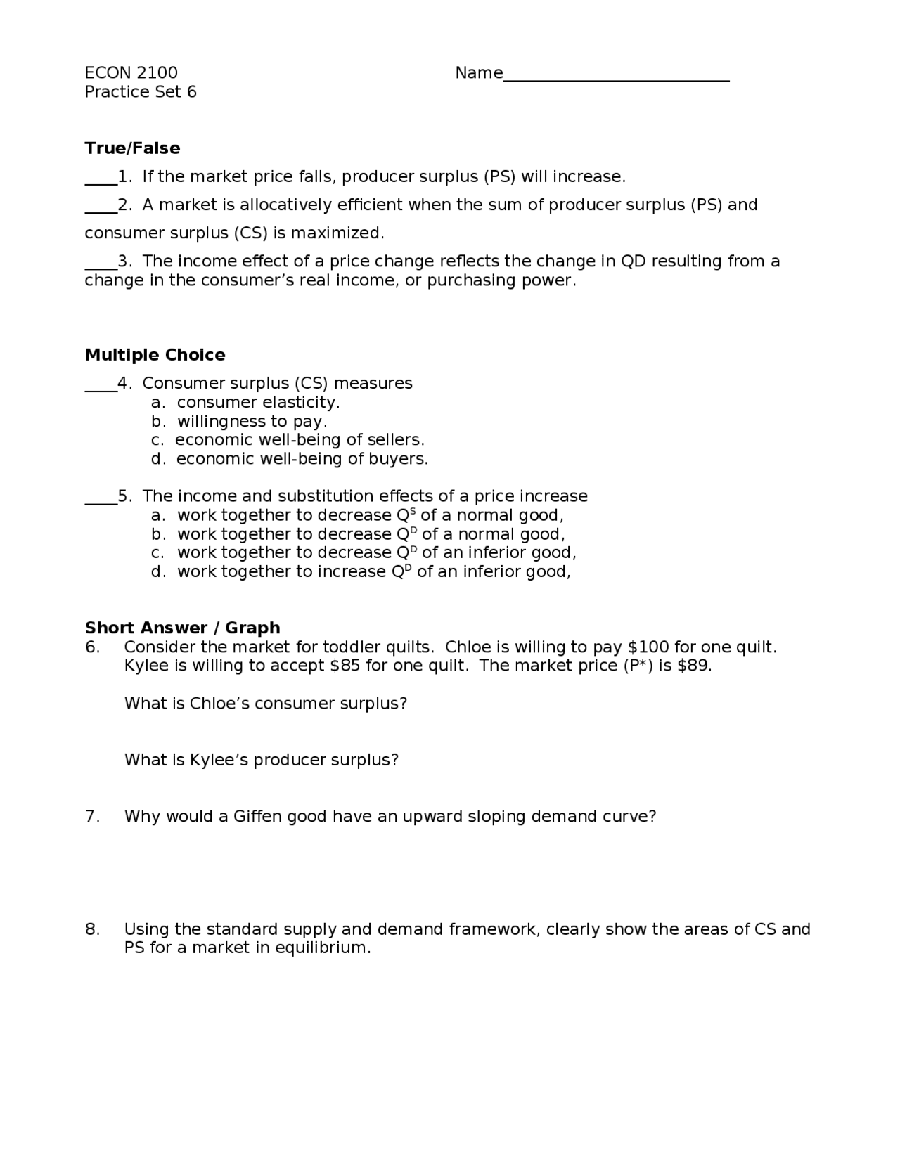 Practice Problem Set 6 For Economics And Society Econ 2100 Docsity