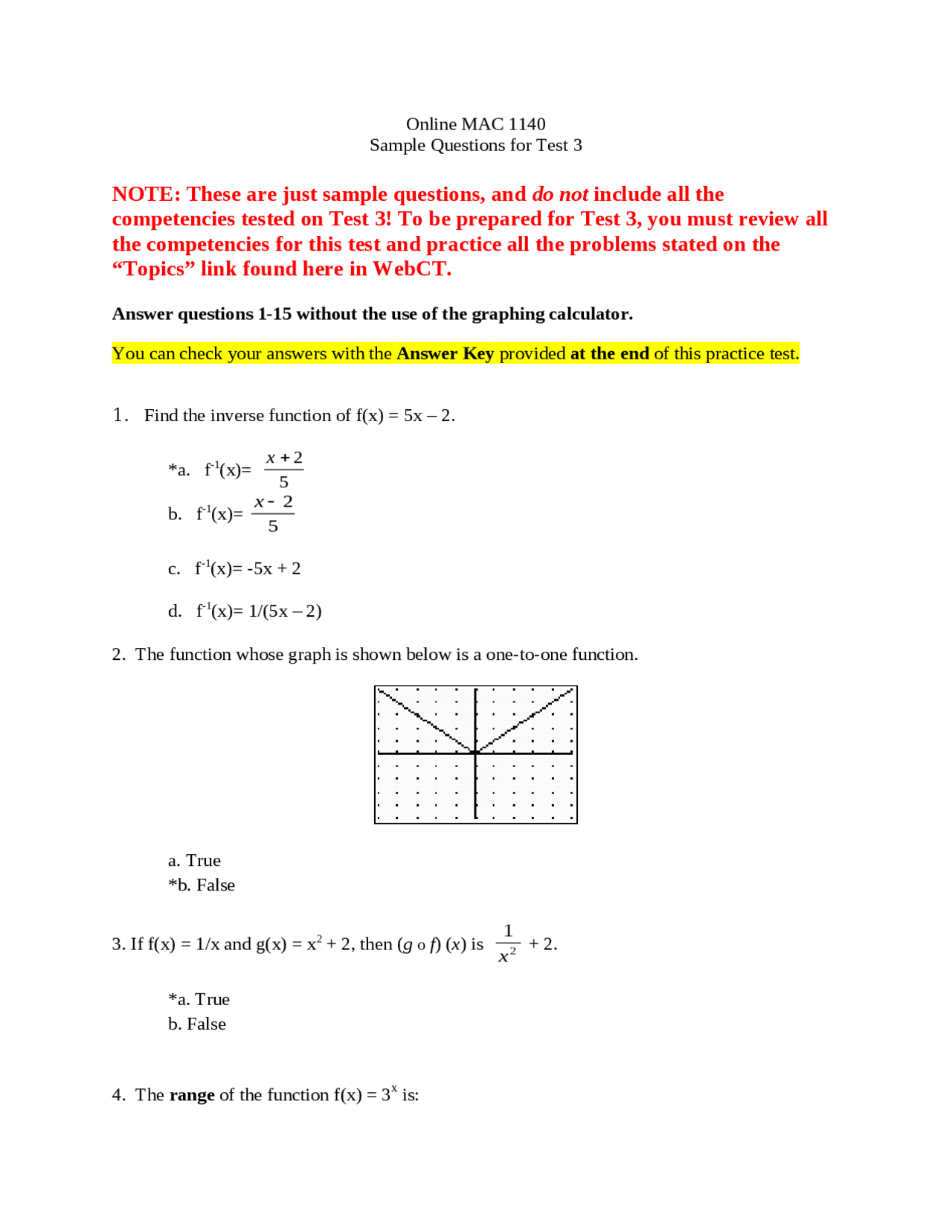 Sample Questions For Test 3 Precalculus Algebra Mac 1140 Docsity