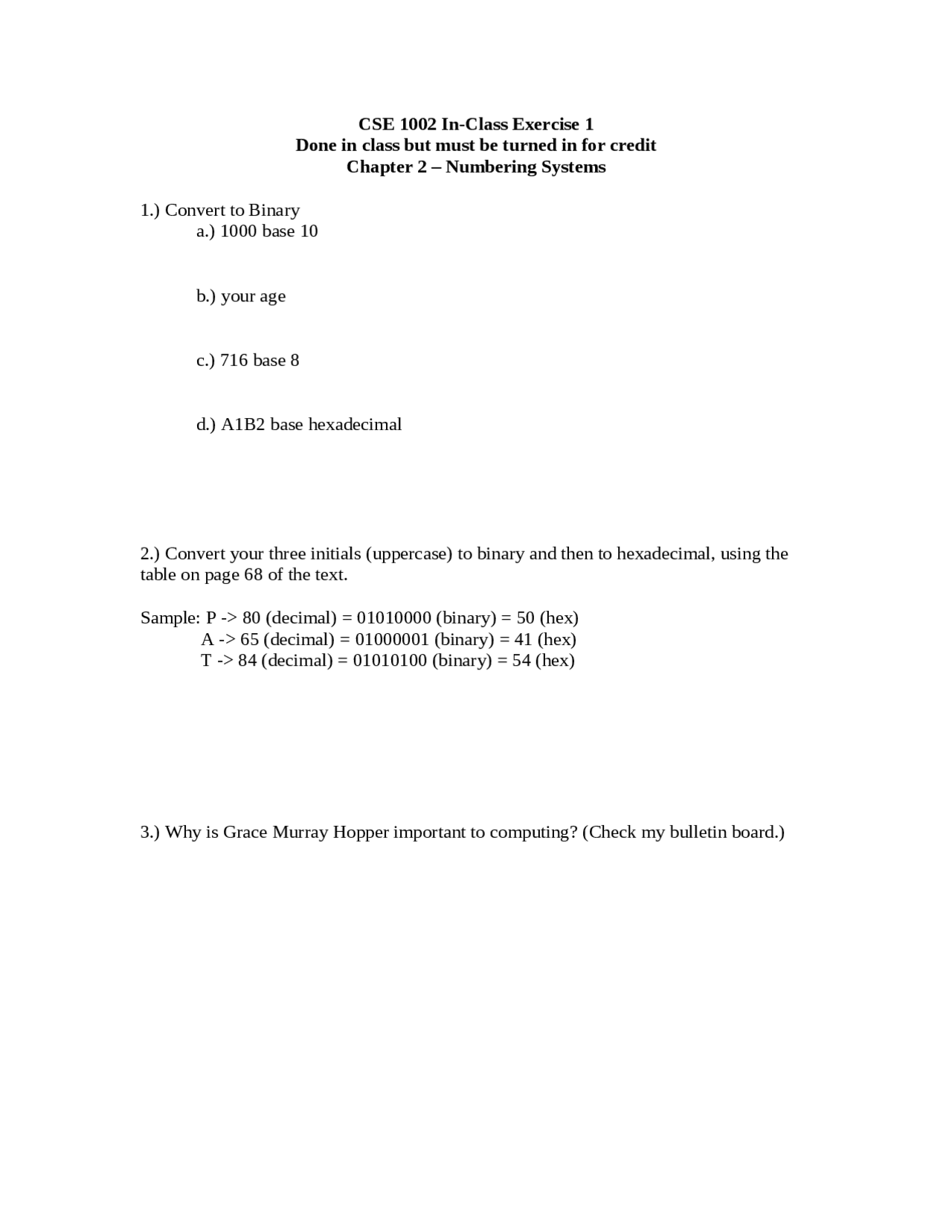Numbering Systems Practice Assignment 1 Cse 1002 Assignments