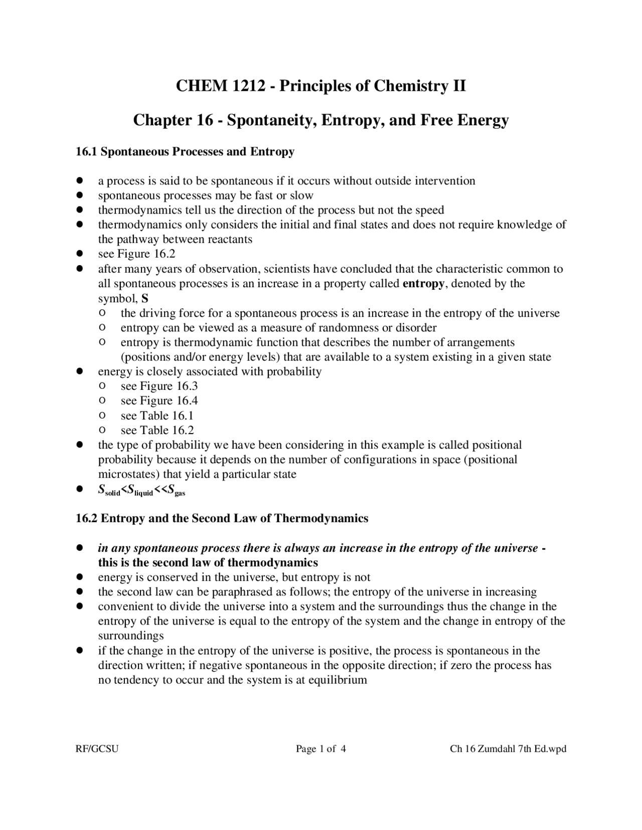 Notes on Spontaneity, Entropy and Free Energy | CHEM 1212 - Docsity