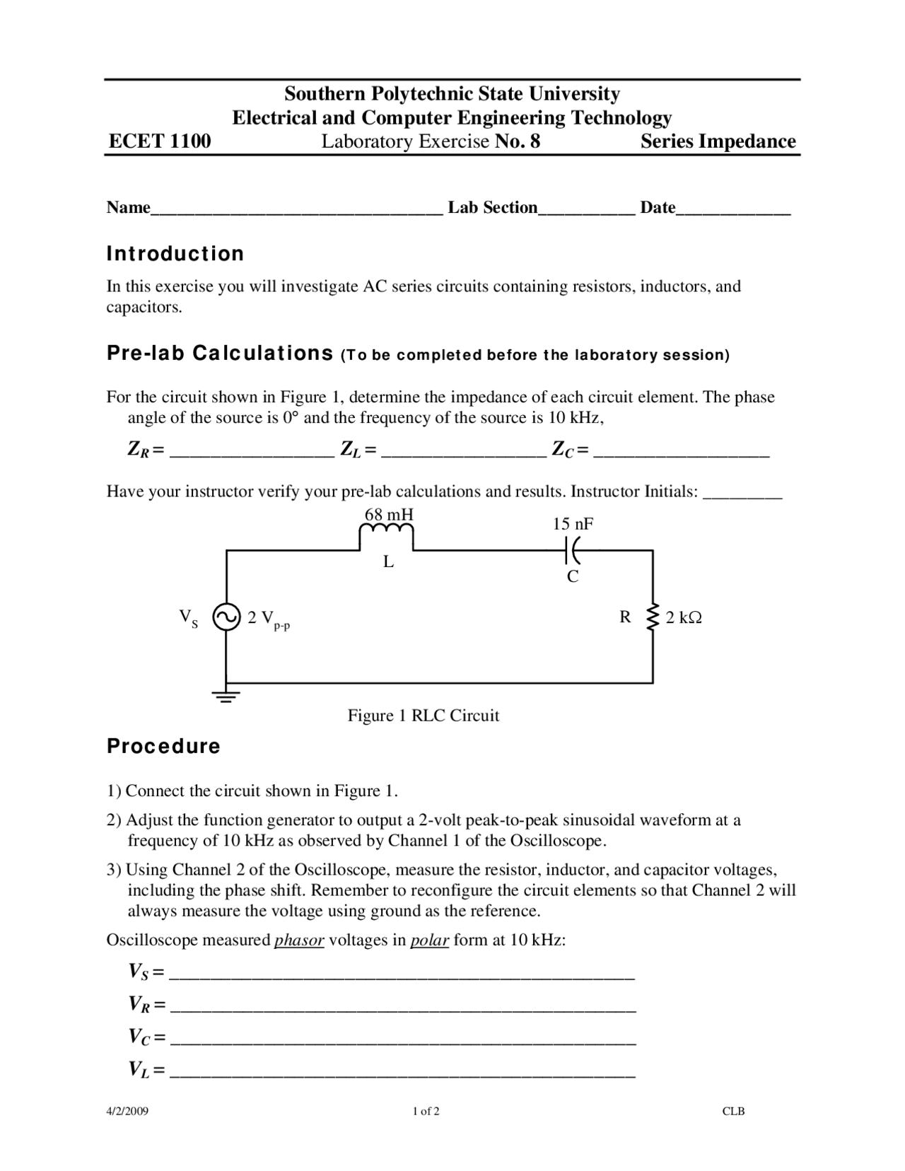 Series Impedance Laboratory Exercise 8 Ecet 1100 Docsity