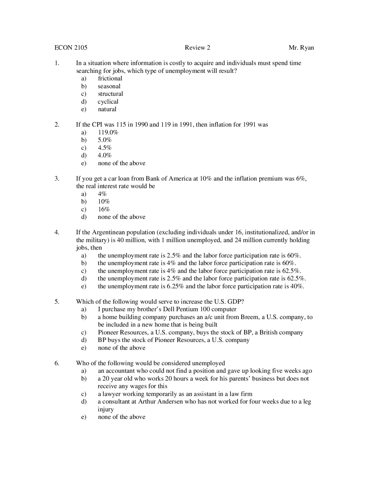 14 Mcqs For Macroeconomics Review Sheet Econ 2105 Docsity