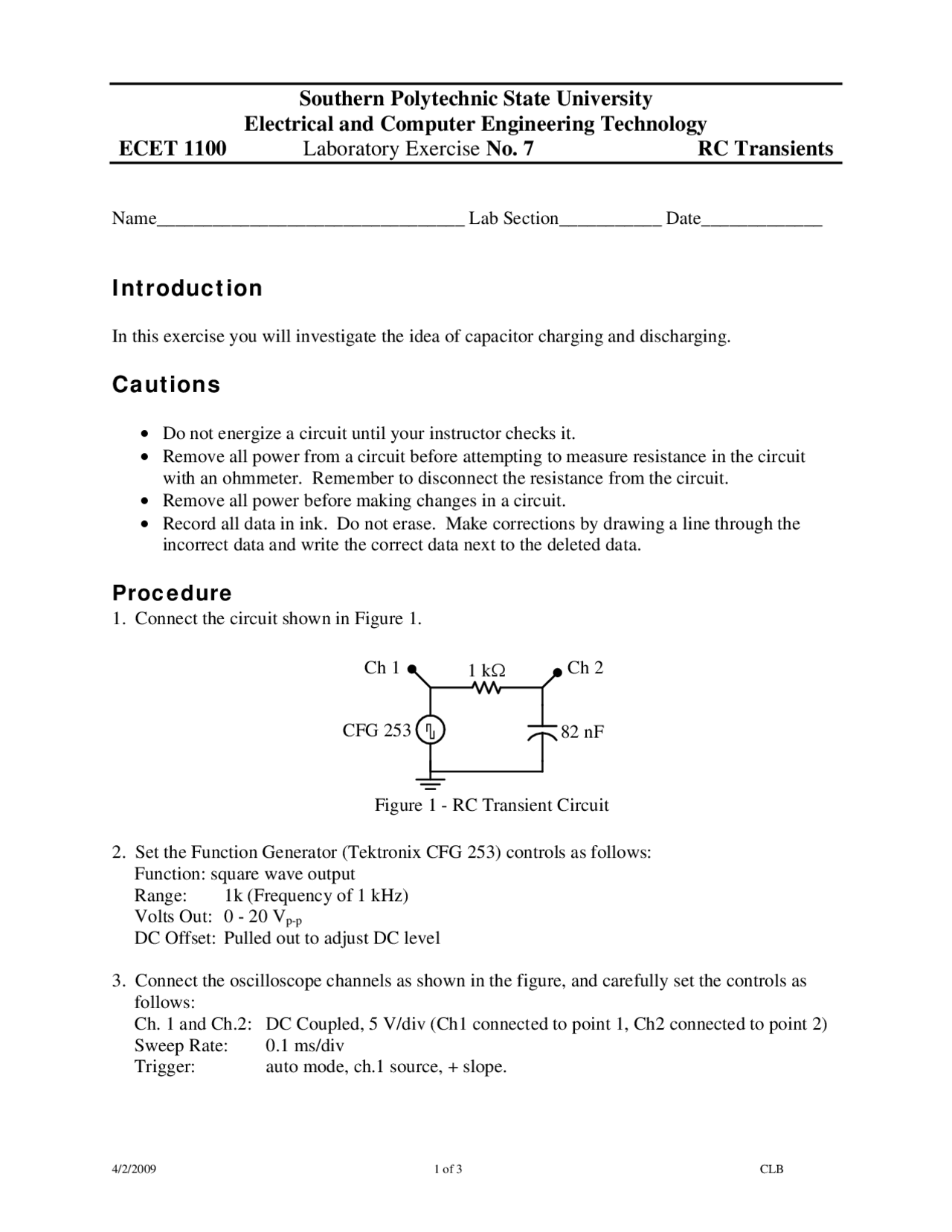 Rc Transients Laboratory Exercise 7 Ecet 1100 Docsity