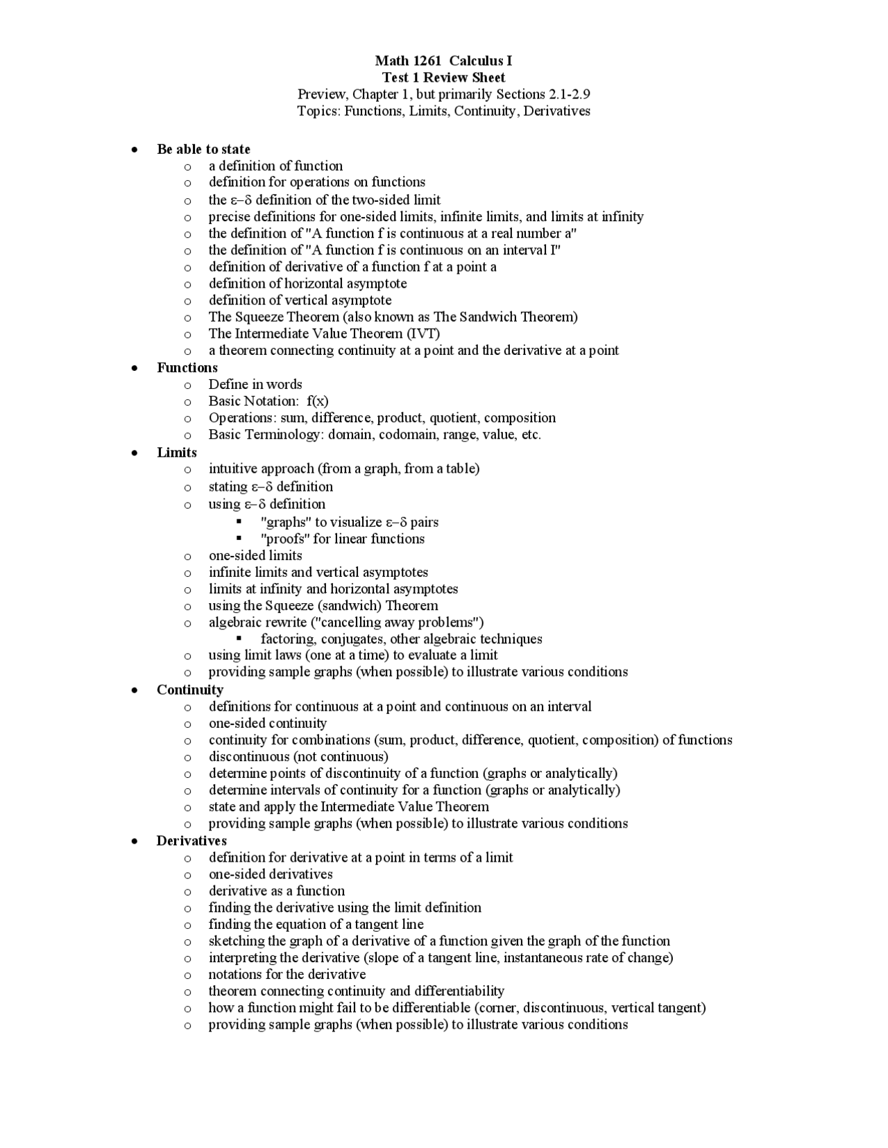 Functions, Limits, Continuity and Derivatives - Review Sheet | MATH ...