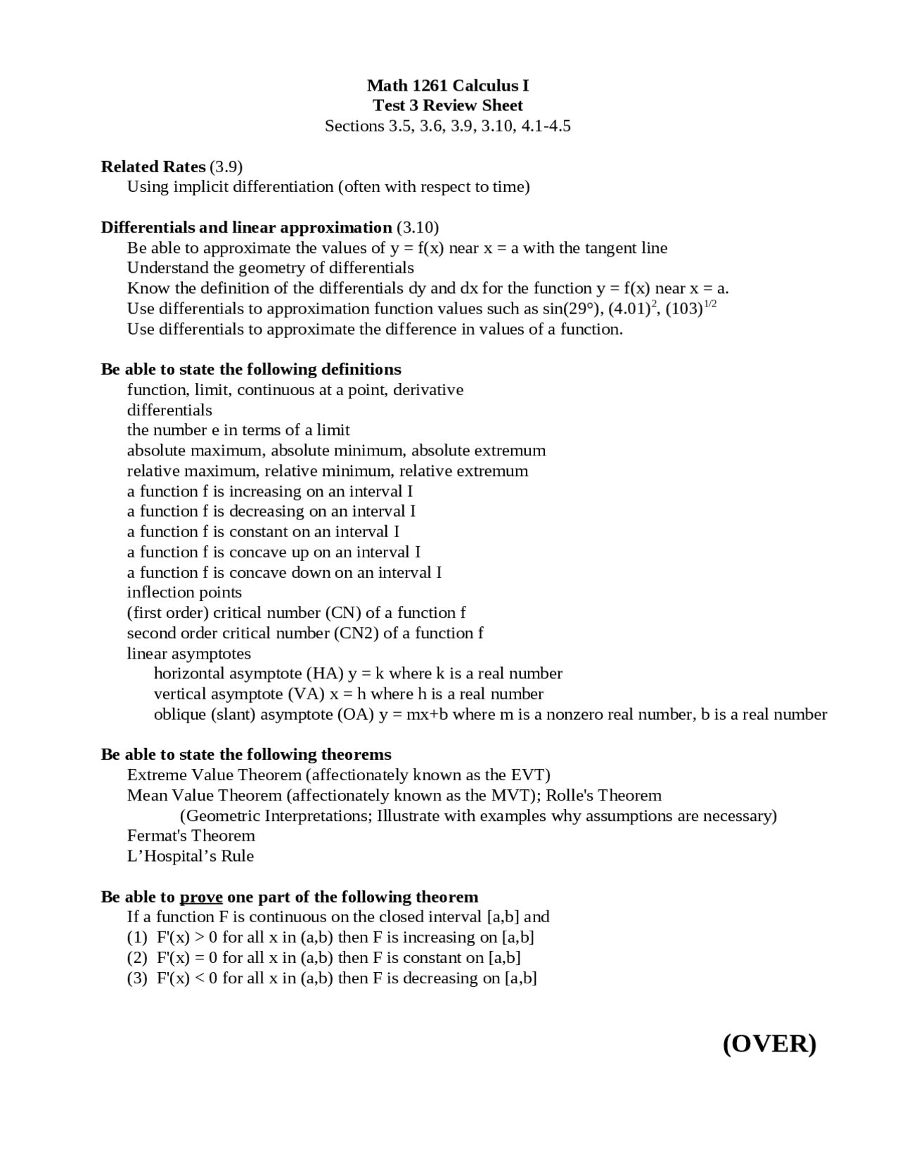Test 3 Review Sheet for Calculus I | MATH 1261 | Exams Calculus | Docsity