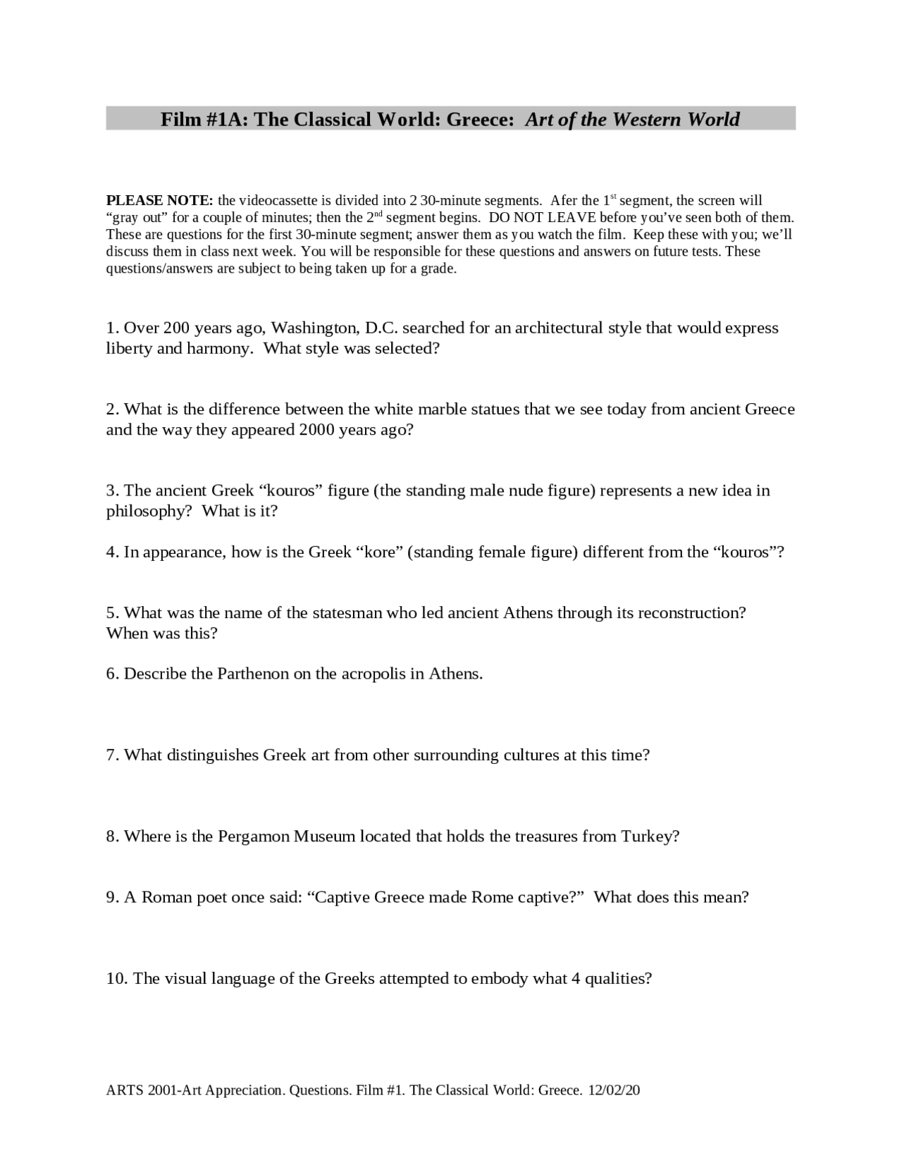 The Classical World - Greece - Art of the Western - Class Notes | ARTS ...