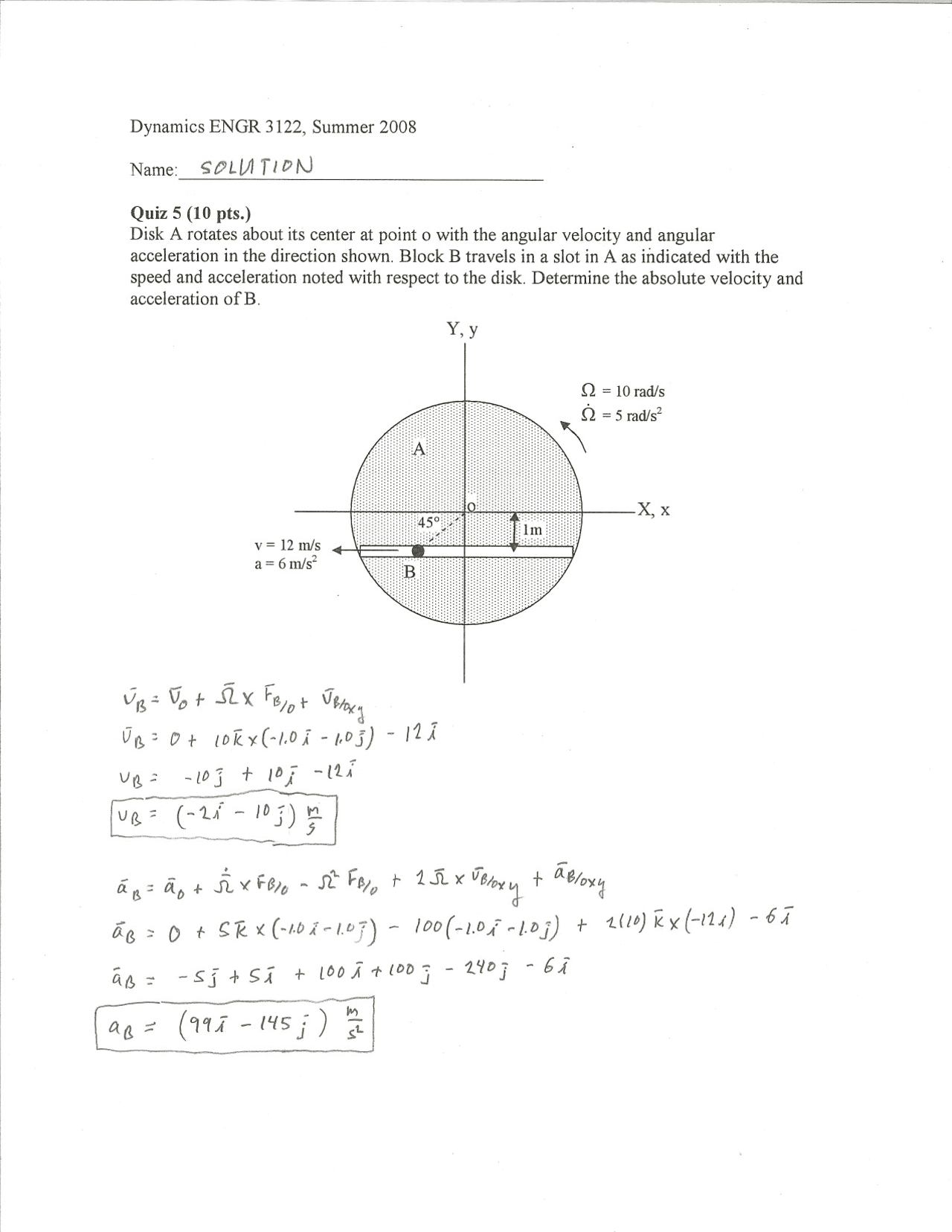 Quiz 5 with Solution - Engineering Mechanics - Dynamics | ENGR 3122 - Docsity