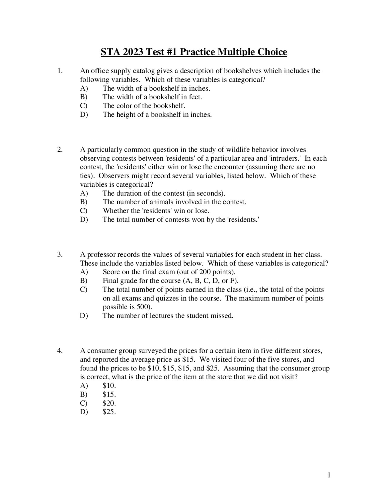 33 Practice Questions Exam 1 Statistical Methods Sta 2023