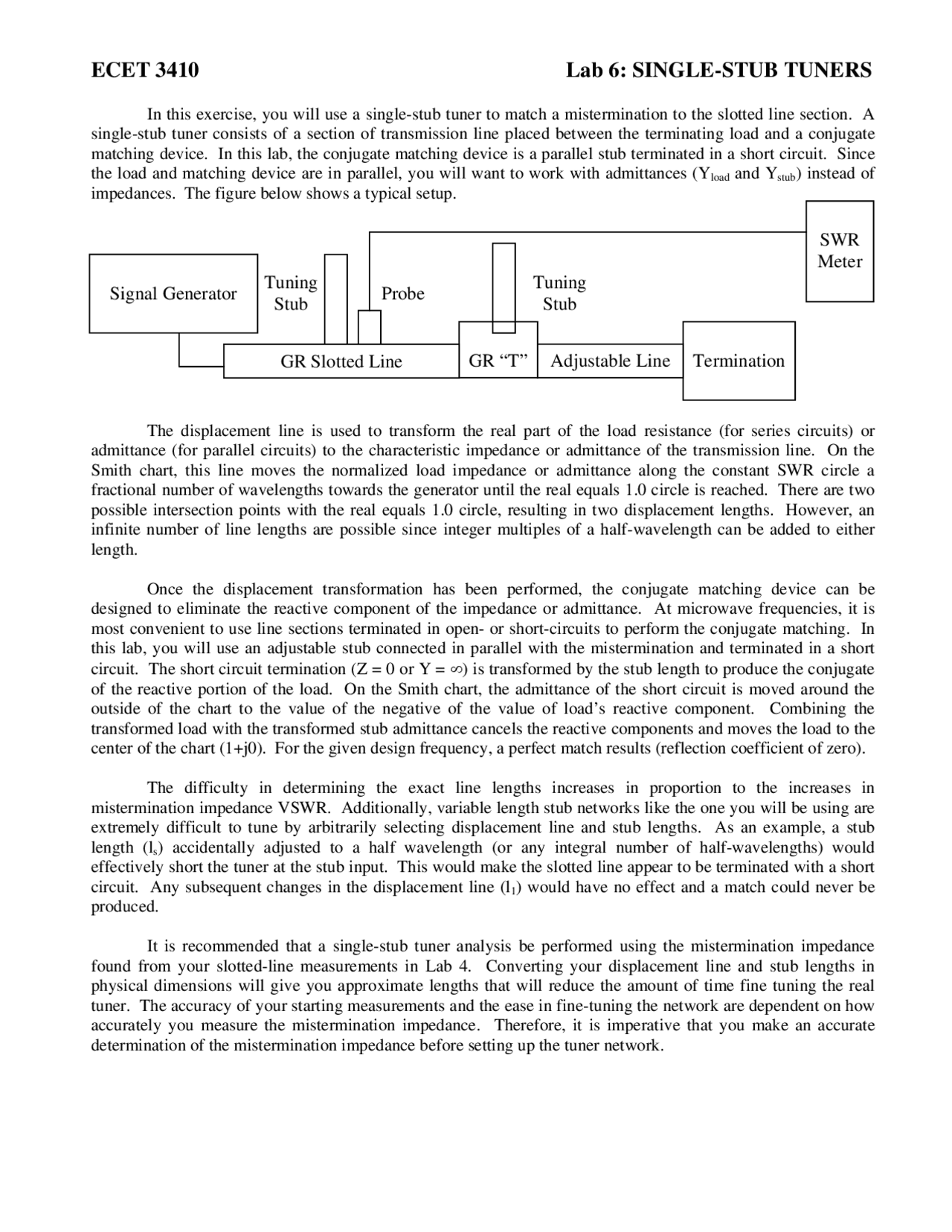 Laboratory 6 - Single-Stub Tuners | ECET 3410 - Docsity