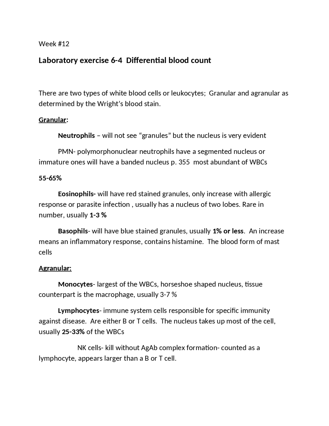 Differential Blood Count - Laboratory Experiment 6-4 | MCB 2010C - Docsity