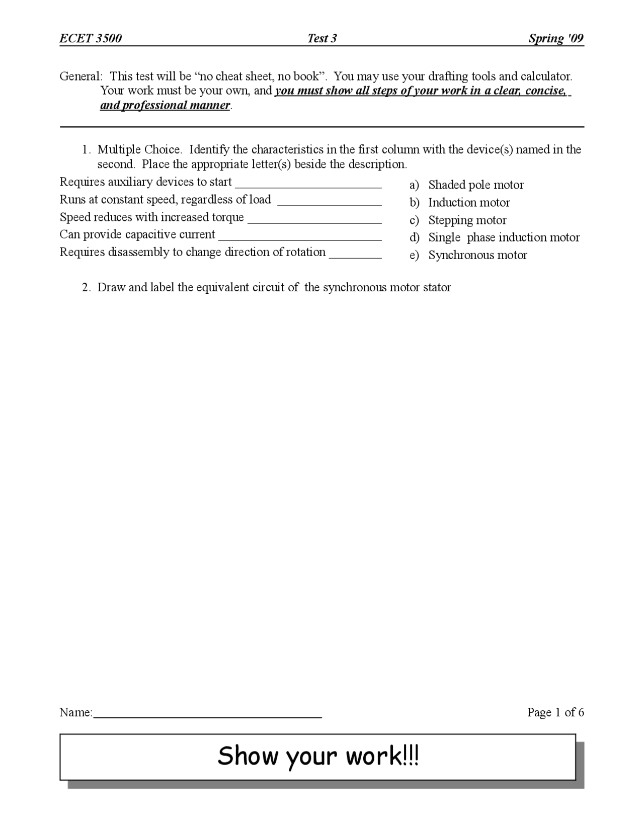 Test 3 Survey Of Electric Machines Ecet 3500 Docsity