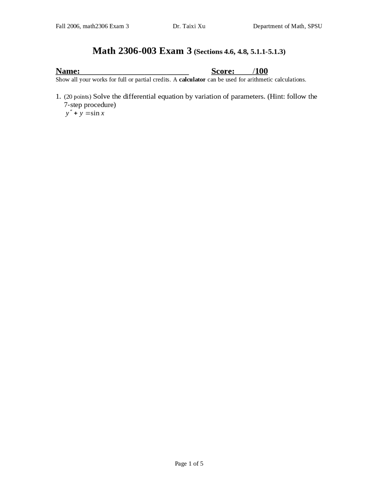 Solution For Exam 3 Questions Ordinary Differential Equation Math