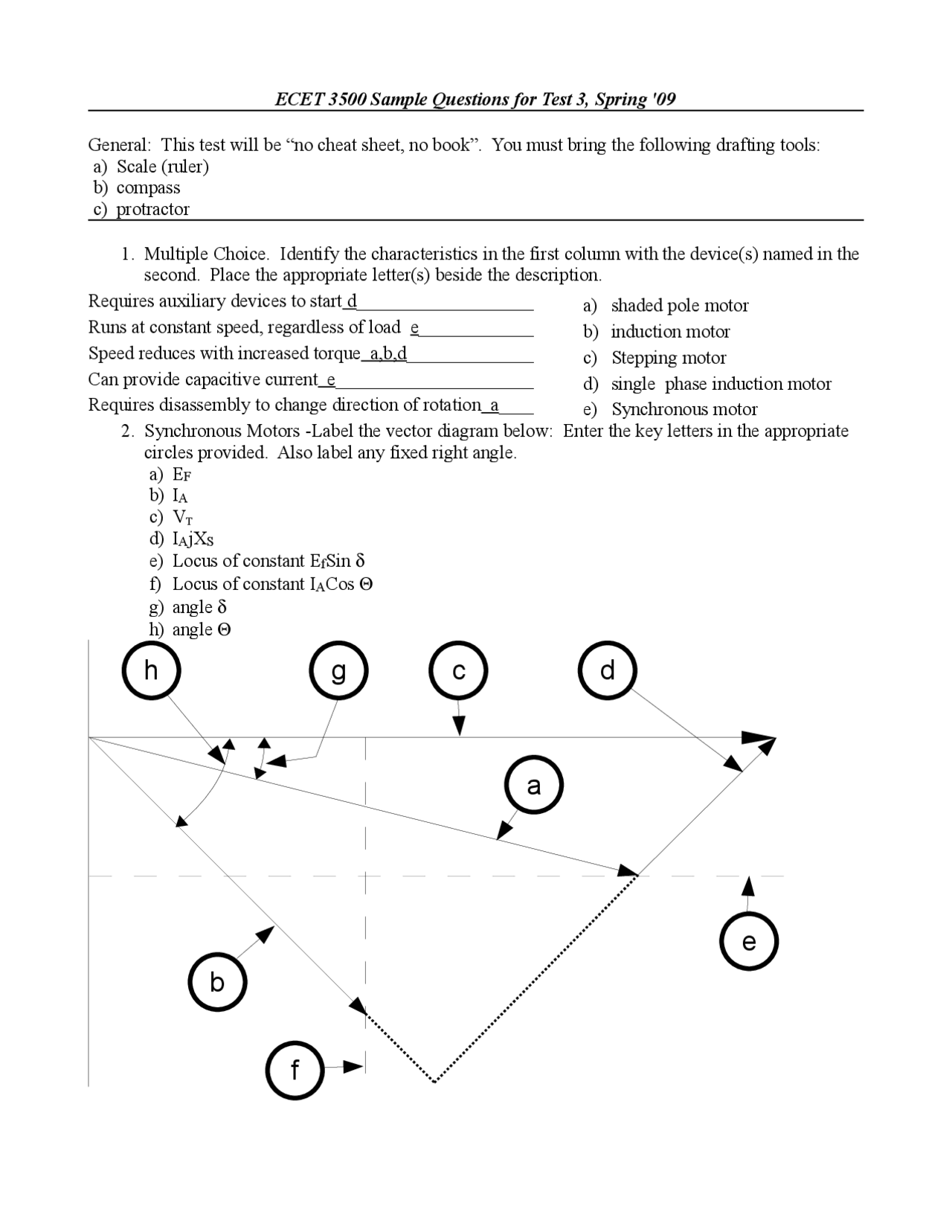 Sample Questions For Test 3 Survey Of Electric Machines Ecet 3500