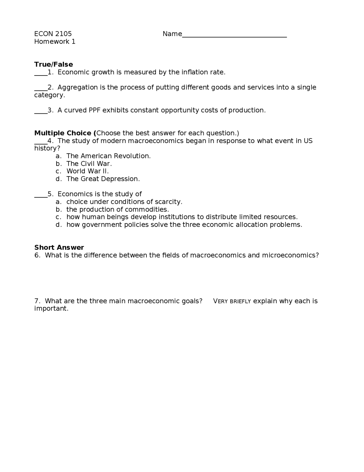 7 Practice Questions Honors Principles Of Macroeconomics Econ 2105