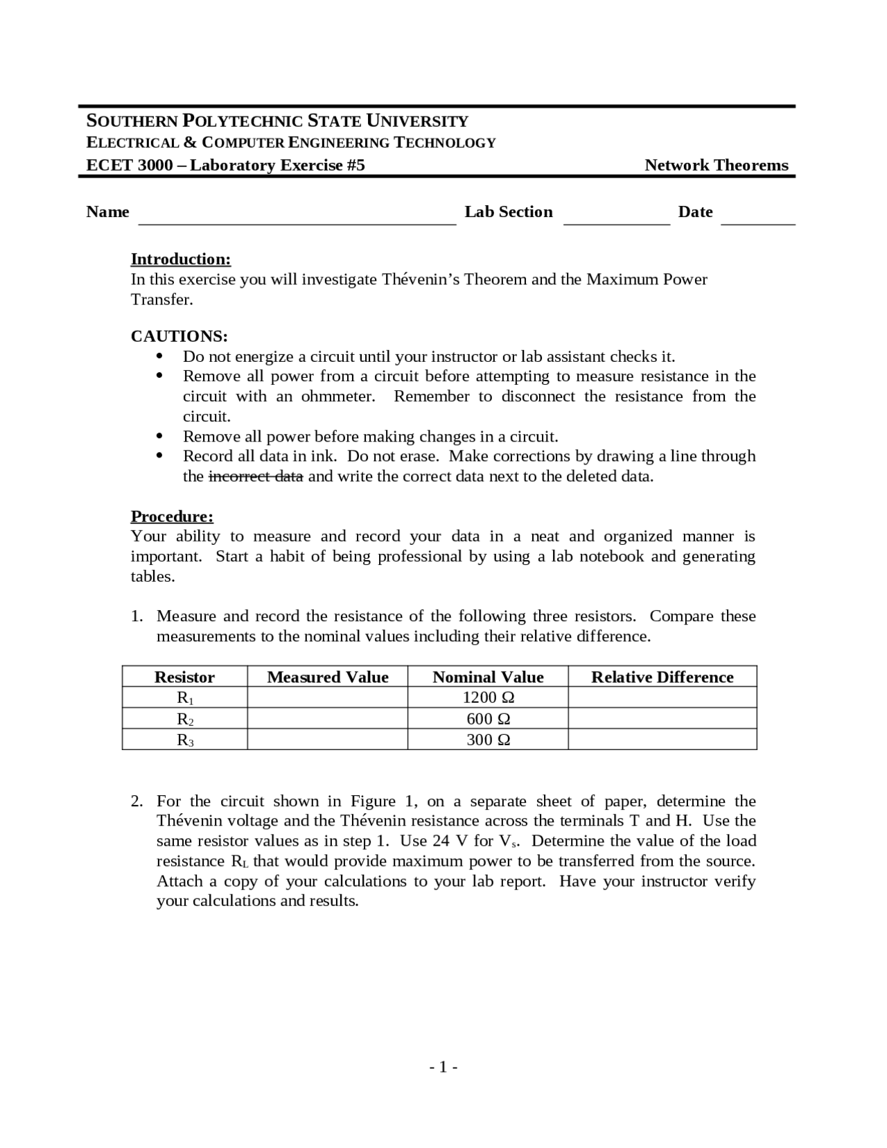 Network Theorems Laboratory Exercise 5 Ecet 3000 Docsity