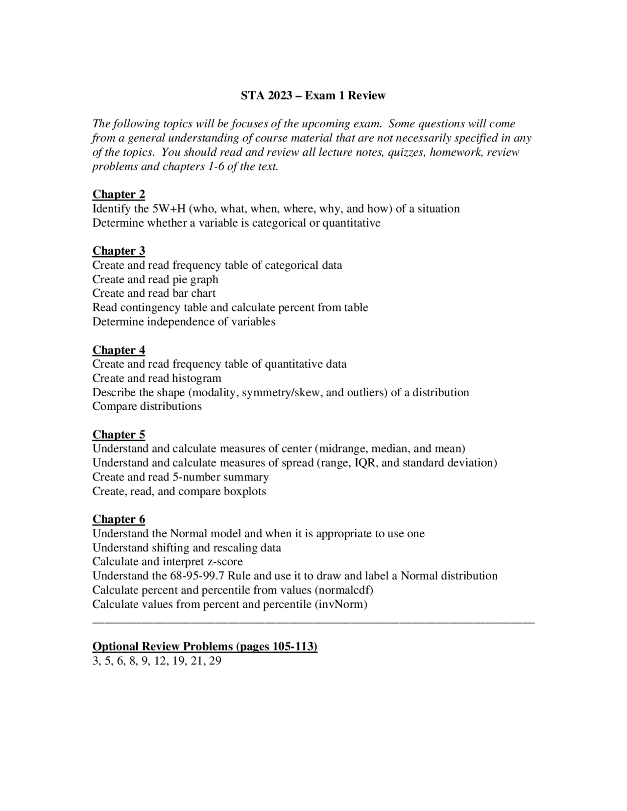 Exam 1 Review Sheet - Statistical Methods | STA 2023 - Docsity