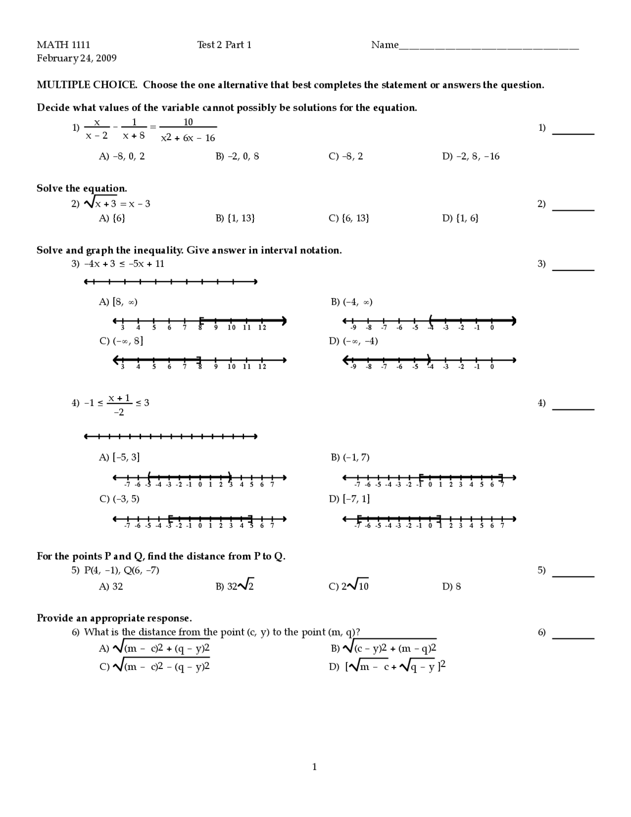 17 MCQs with Answer Exam 2 - College Algebra | MATH 1111 - Docsity