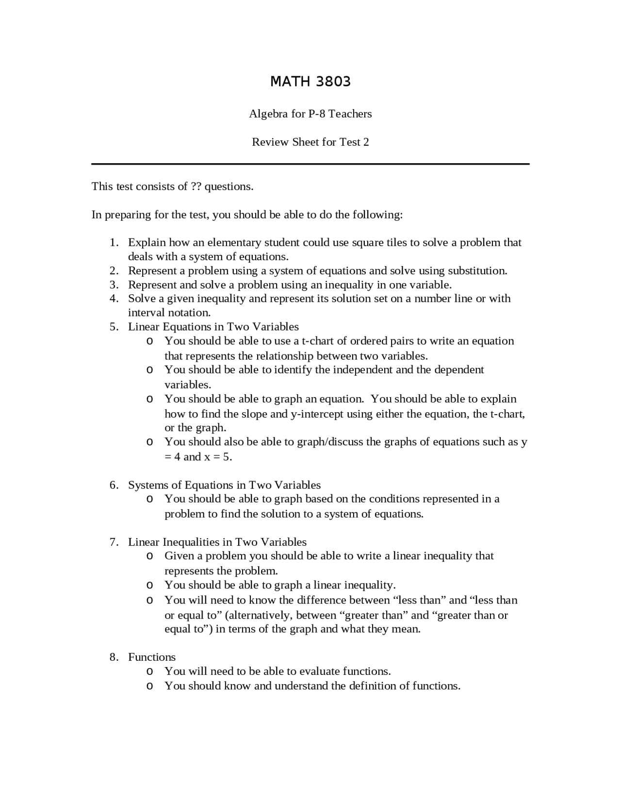 MATH 3803 Algebra Review Sheet for Test 2: Topics for P-8 Teachers ...