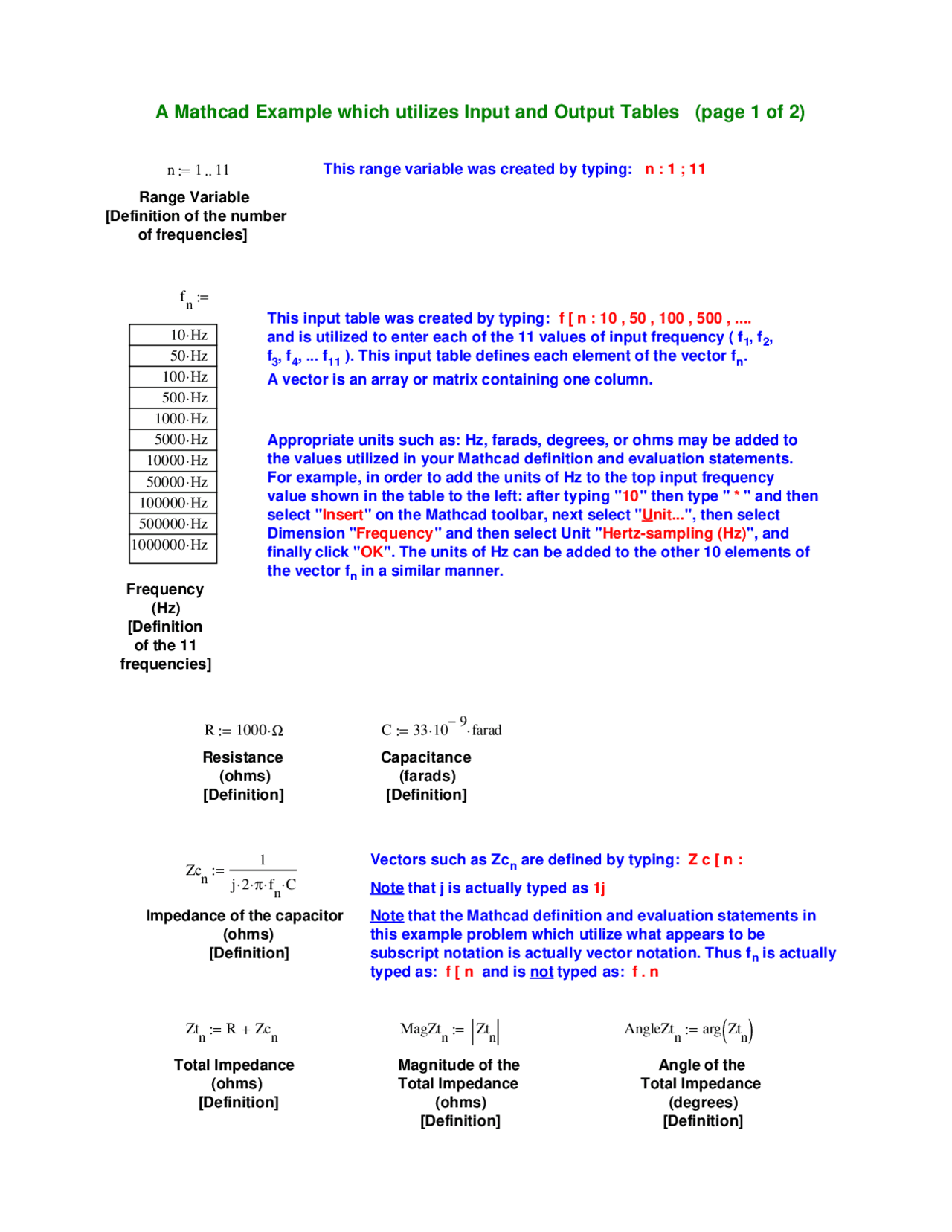 A Mathcad Example which Utilizes Input and Output Tables - Handout ...