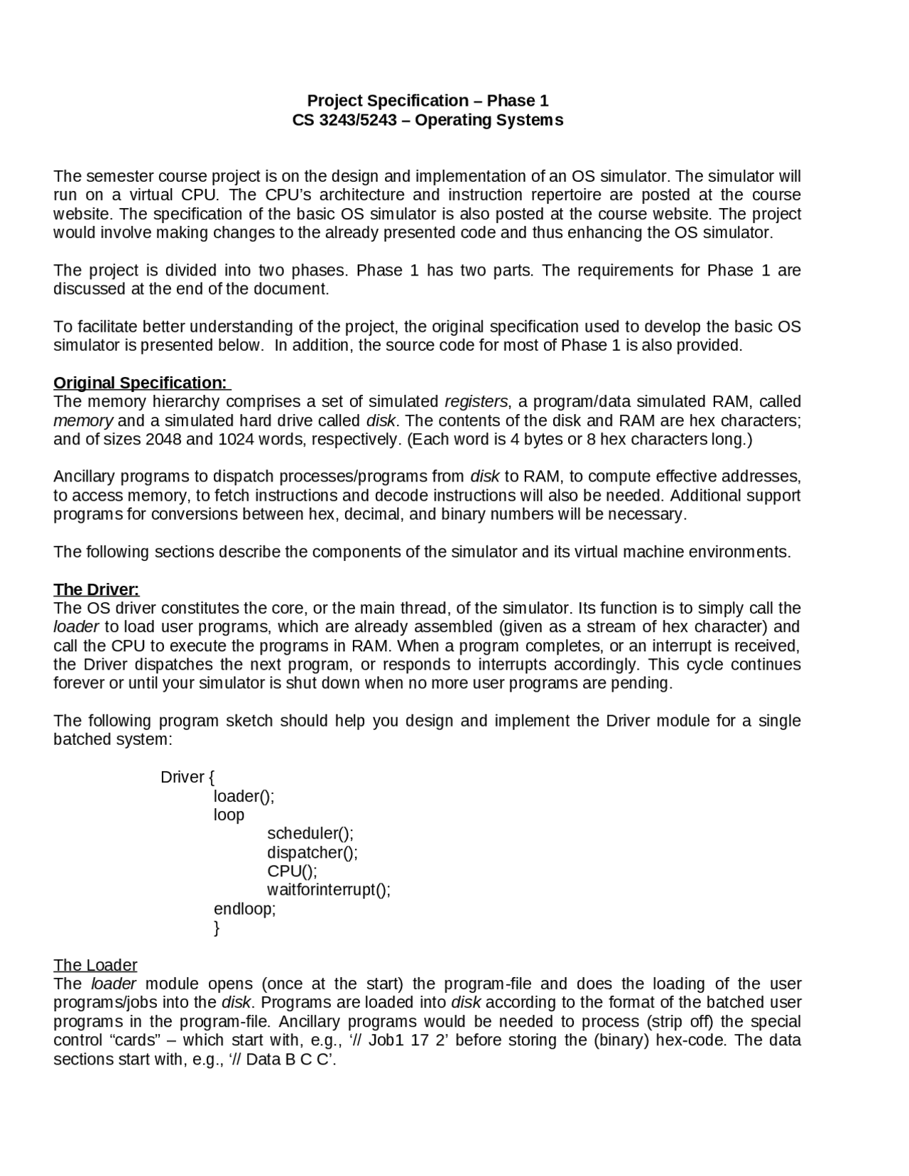 Project Specification Phase 1 For Operating Systems Cs 3243 Docsity