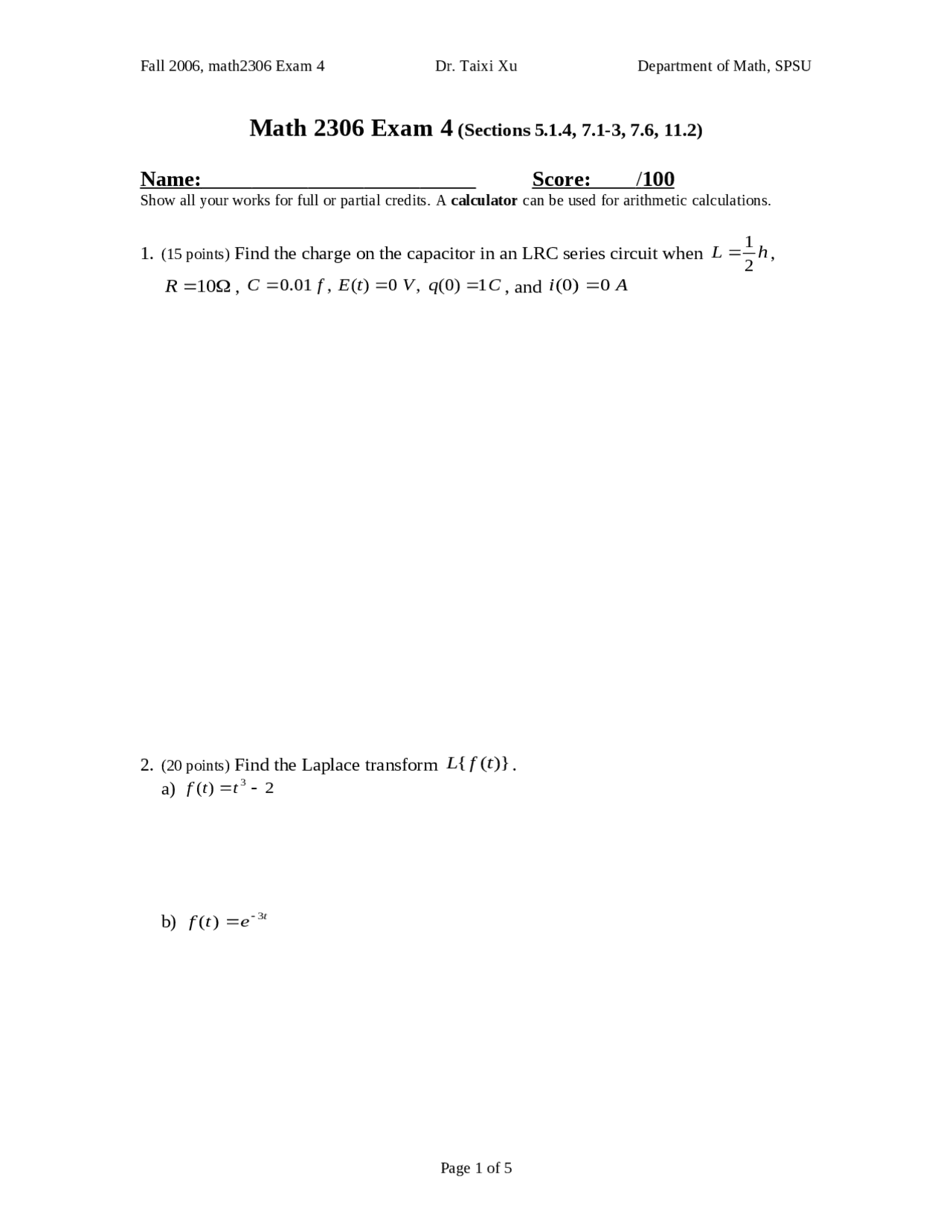 7 Questions of Ordinary Differential Equation - Exam 4 | MATH 2306 ...