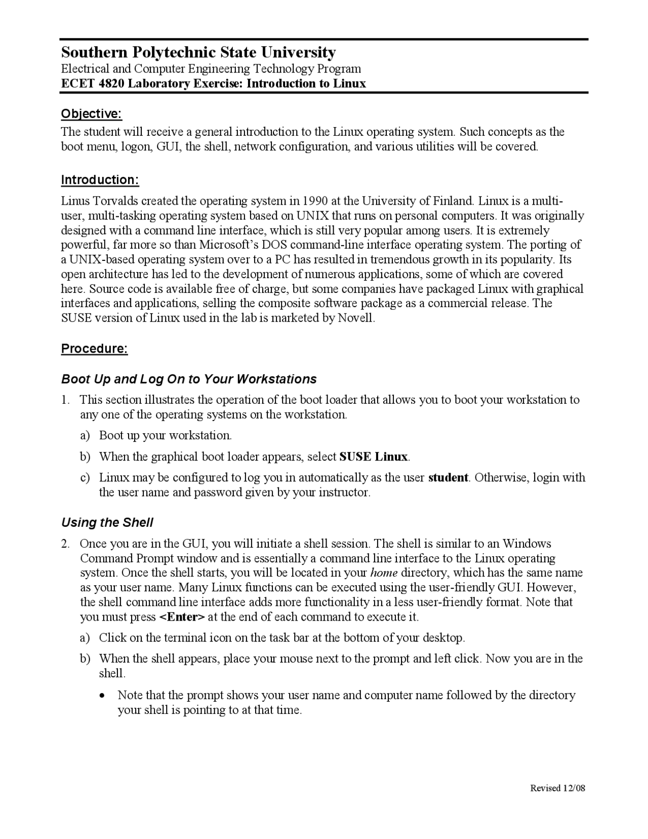 Laboratory Exercise Introduction To Linux Ecet 4820 Docsity