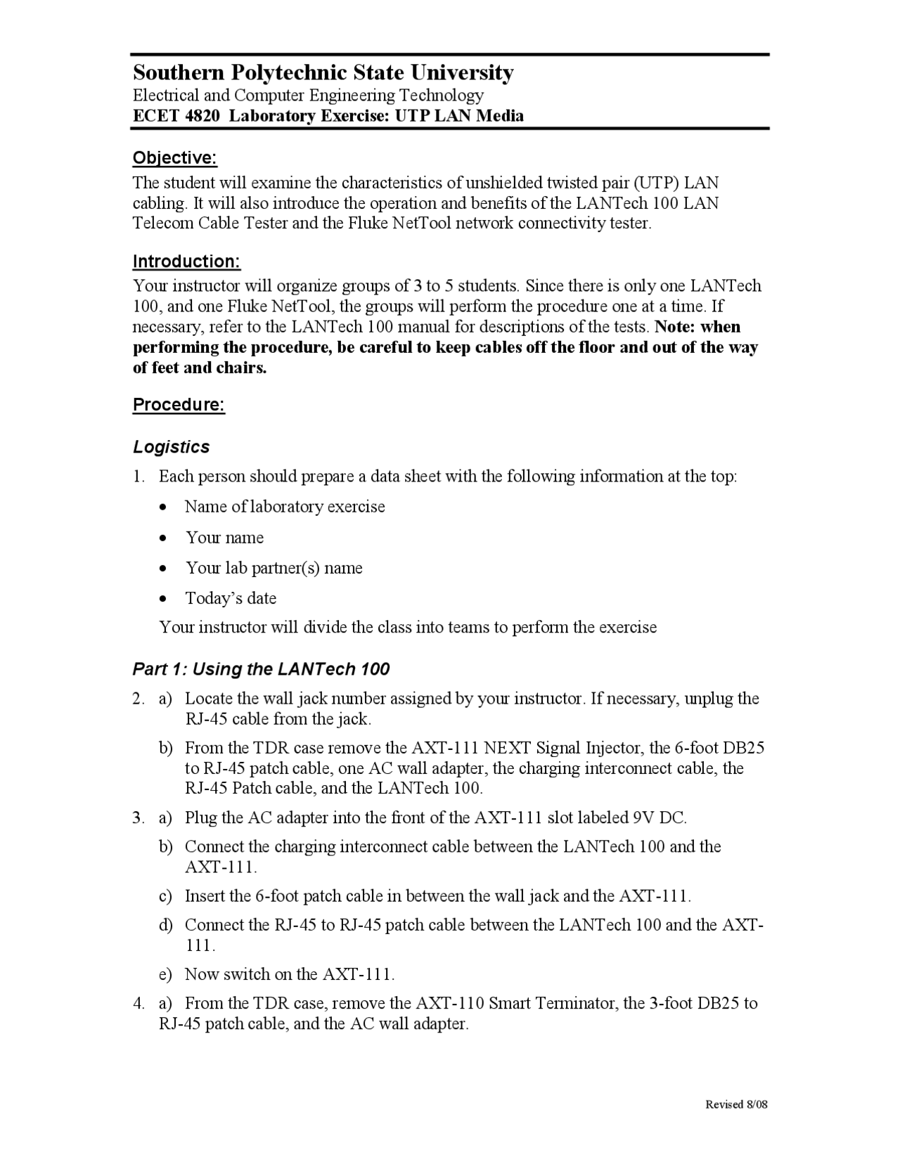 Laboratory Exercise Utp Lan Media Ecet 4820 Docsity