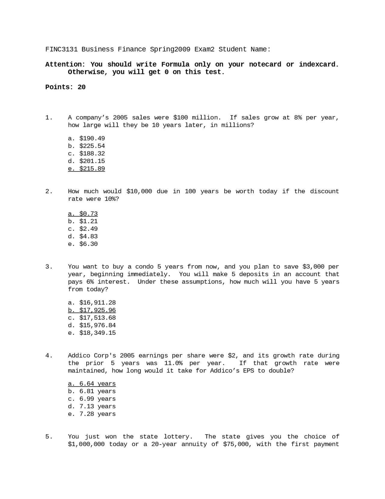 Exam 2 With Manual Solutions Business Finance I Finc 3131 Docsity