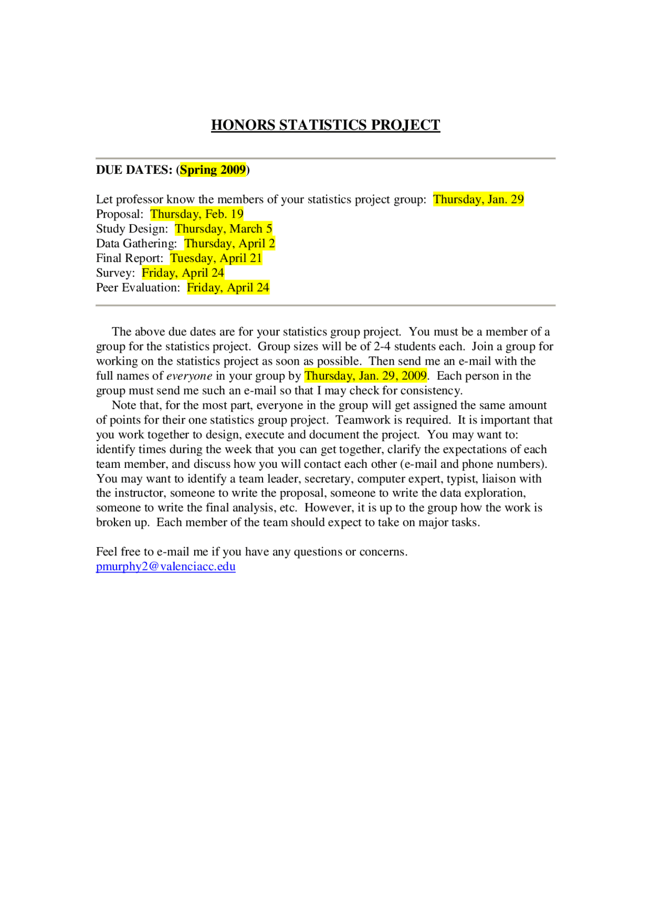 Honors Statistics Project - Statistical Methods | STA 2023 - Docsity