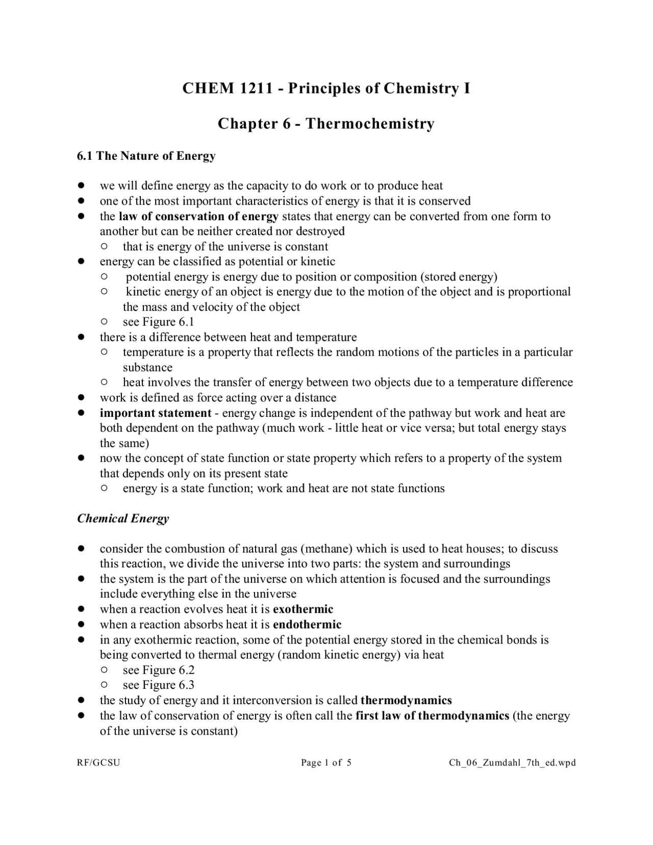 Thermochemistry Principles Of Chemistry I Lecture Notes Chem 1211