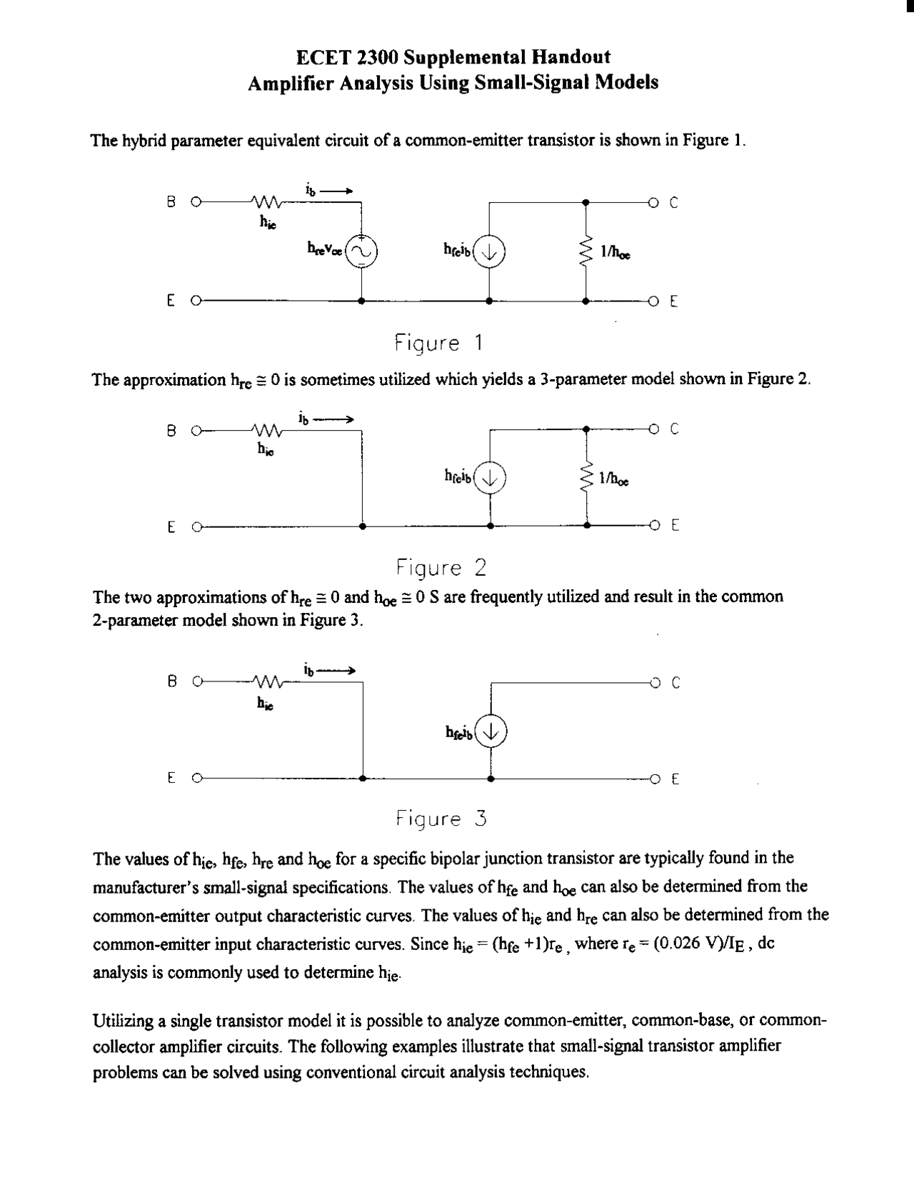 Supplemental Handout Amplifier Analysis Using Small Signal Models