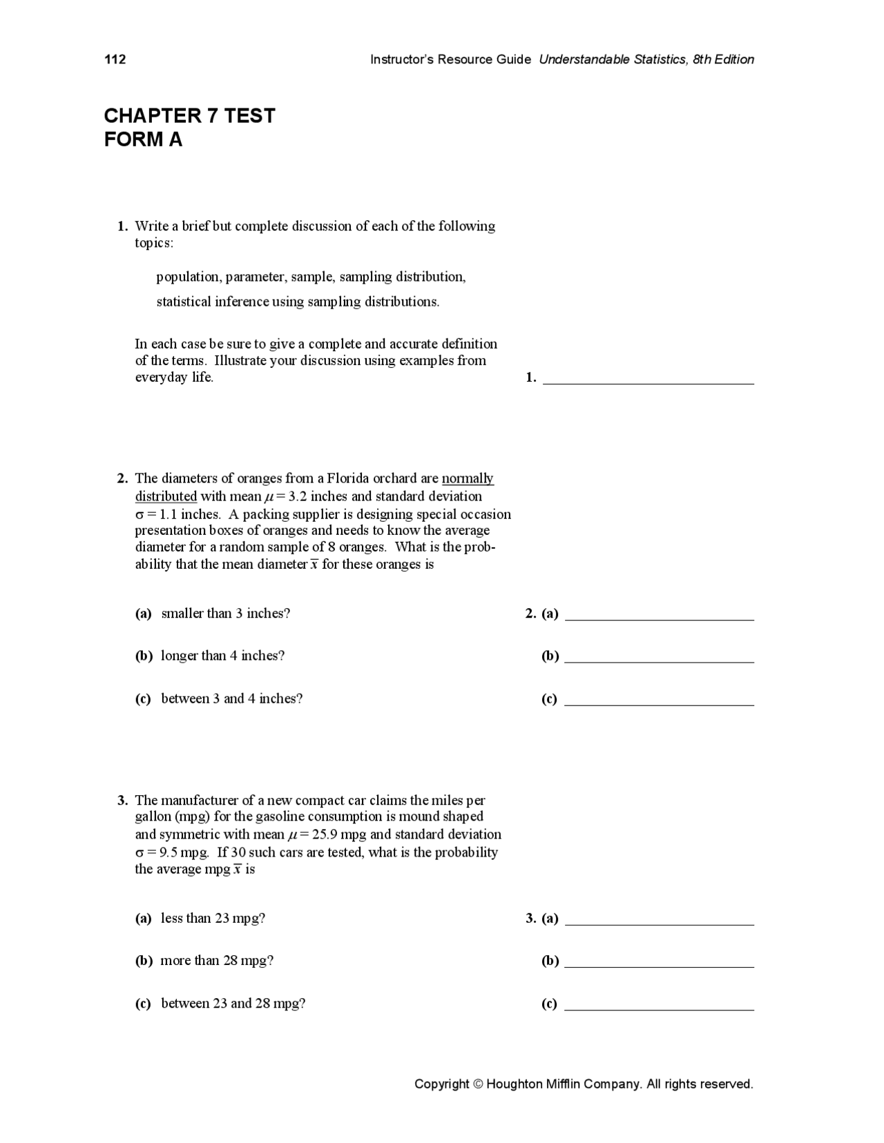 Test Form A Practice Questions - Statistical Methods | MATH 3261 ...