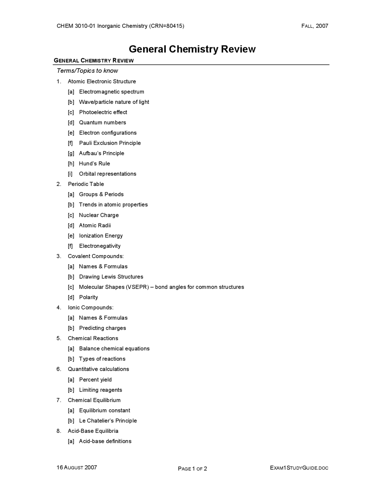 General Chemistry Review Sheet | CHEM 3010 - Docsity