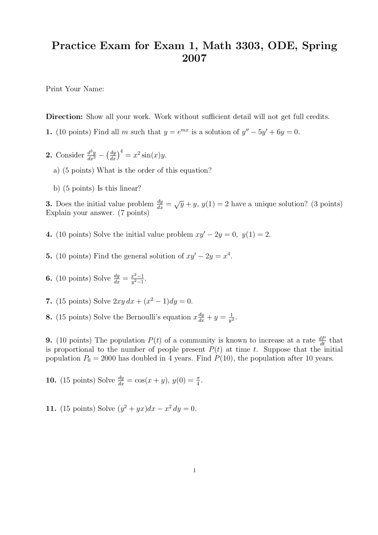 11 Problems on Bernoulli Equations - Exam 1 | MATH 3303 - Docsity